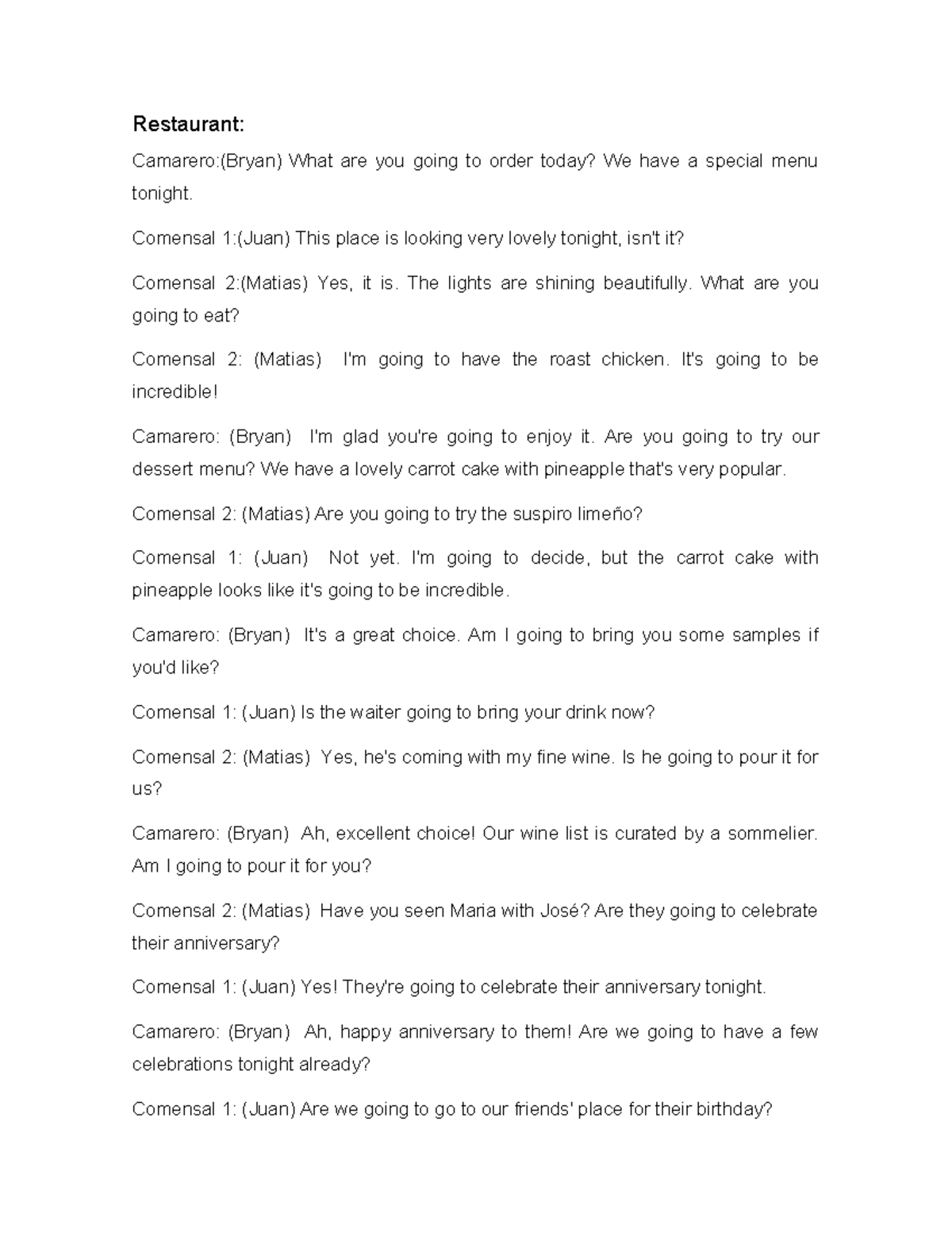 Restaurant Dialogue: Special Menu & Celebrations - Studocu