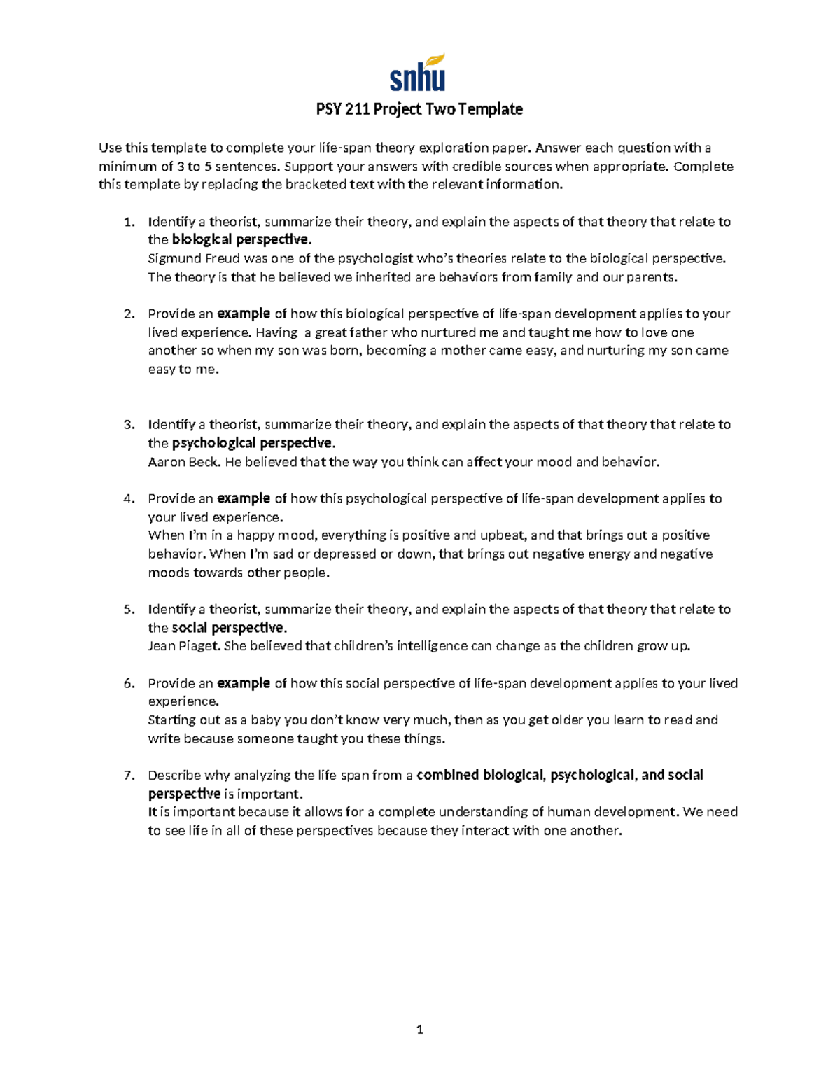 PSY 211: Life-Span Theory Exploration Project Template - Studocu