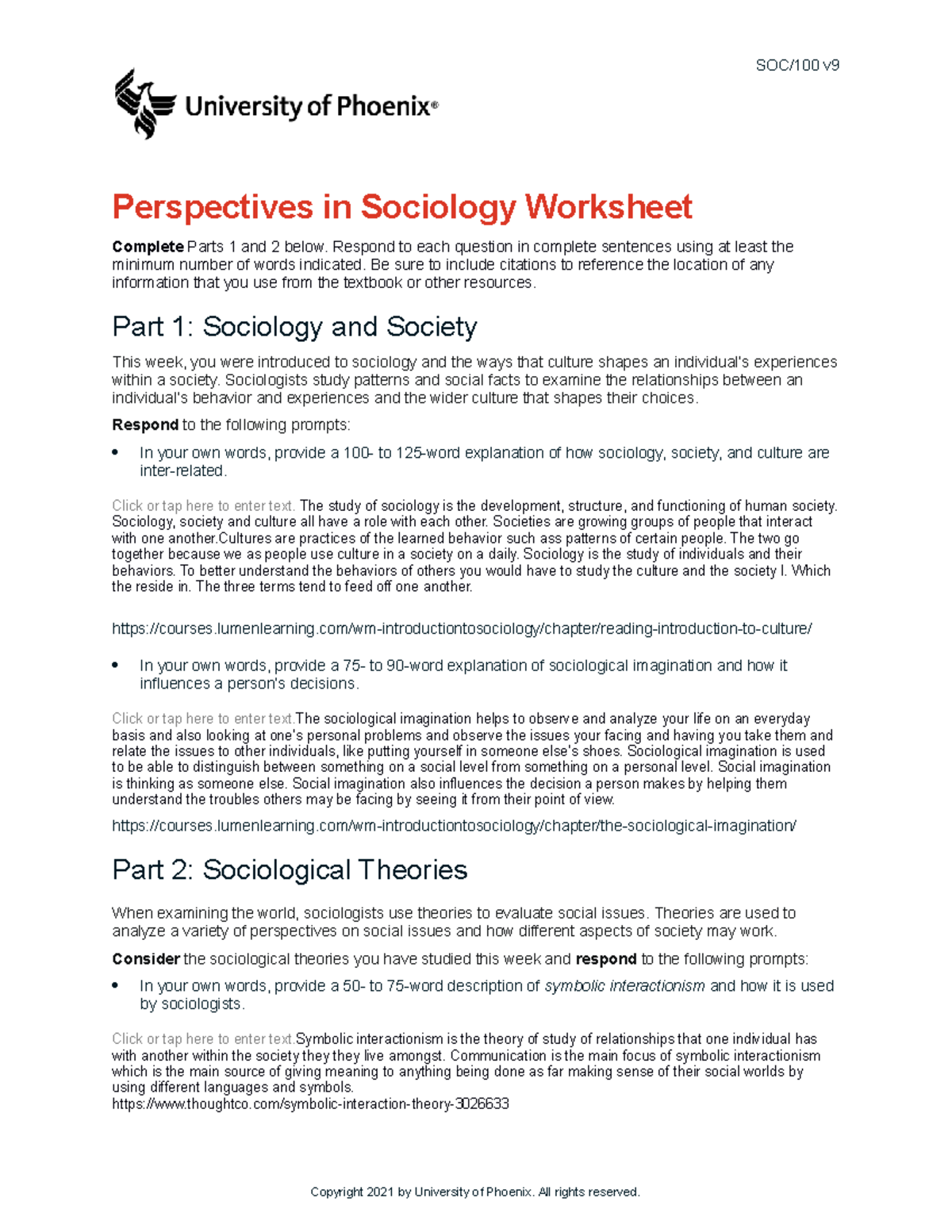 SOC/100 v9 Week 1: Perspectives in Sociology Worksheet & Analysis - Studocu