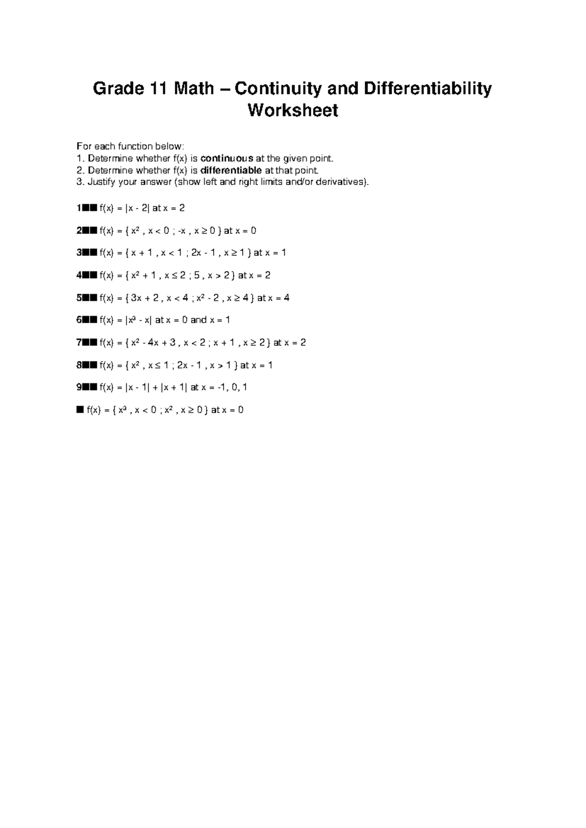 Grade 11 Math: Continuity & Differentiability Worksheet - Studocu
