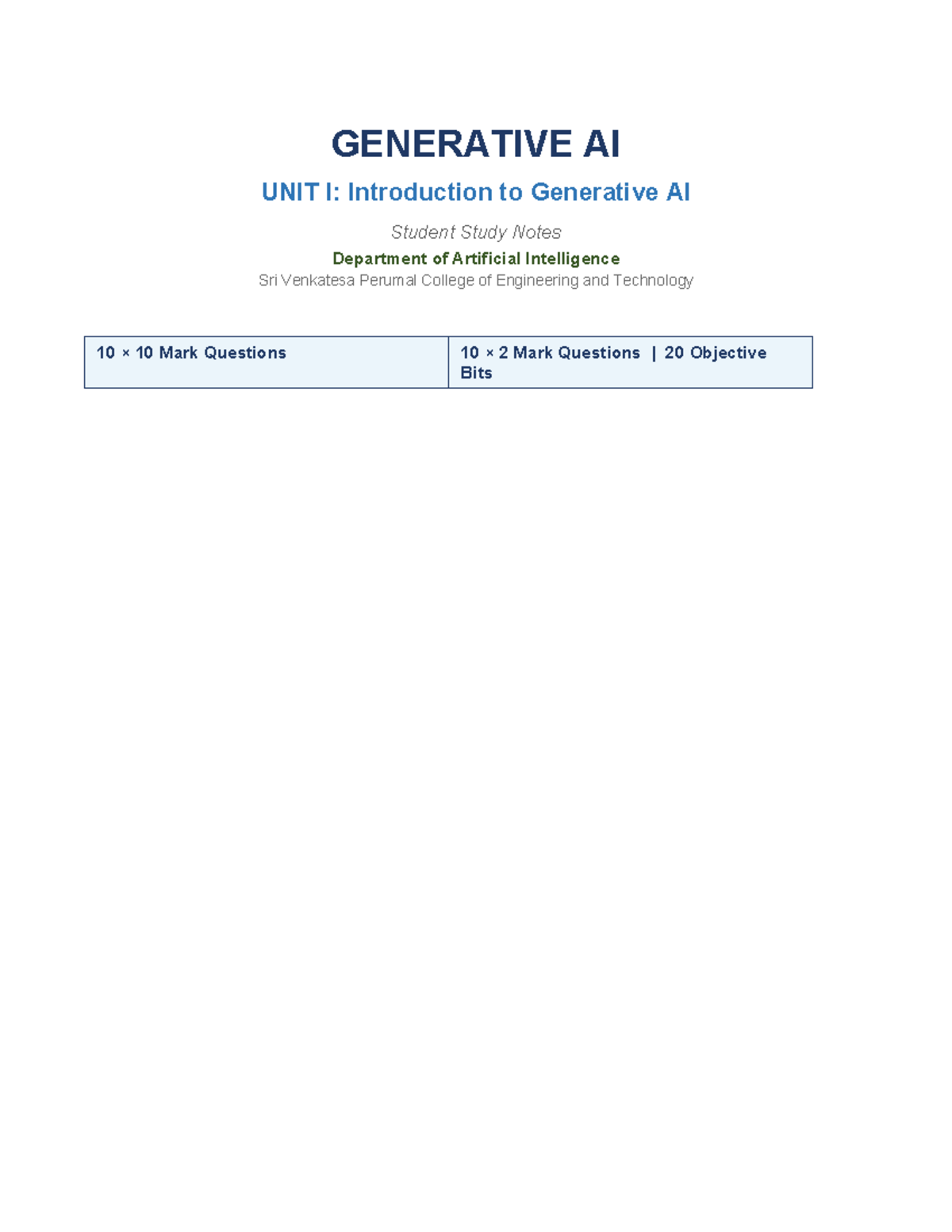 Gen AI Unit I: Study Notes on Generative AI Concepts and Applications ...