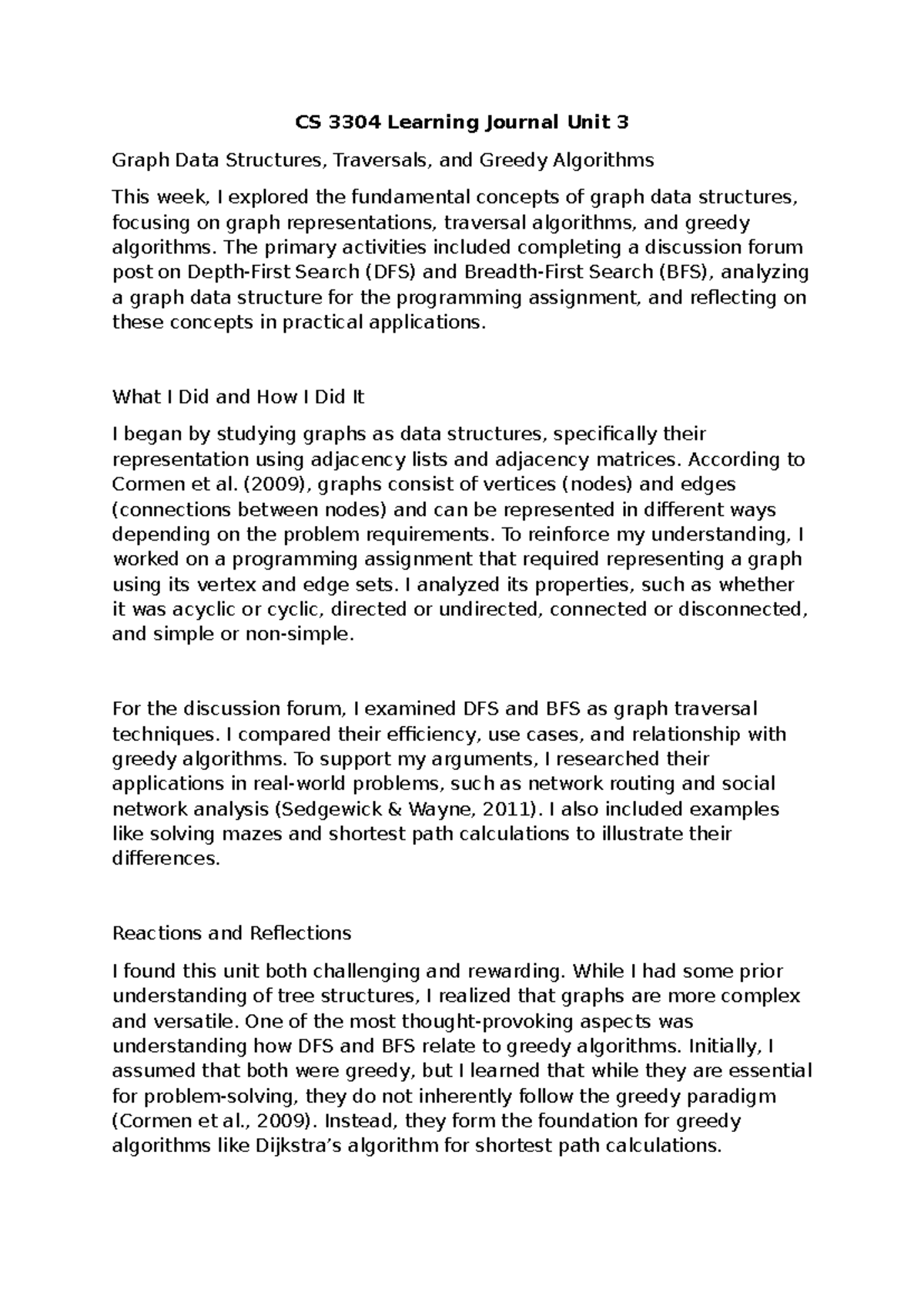 CS 3304 Learning Journal Unit 3 - The primary activities included ...