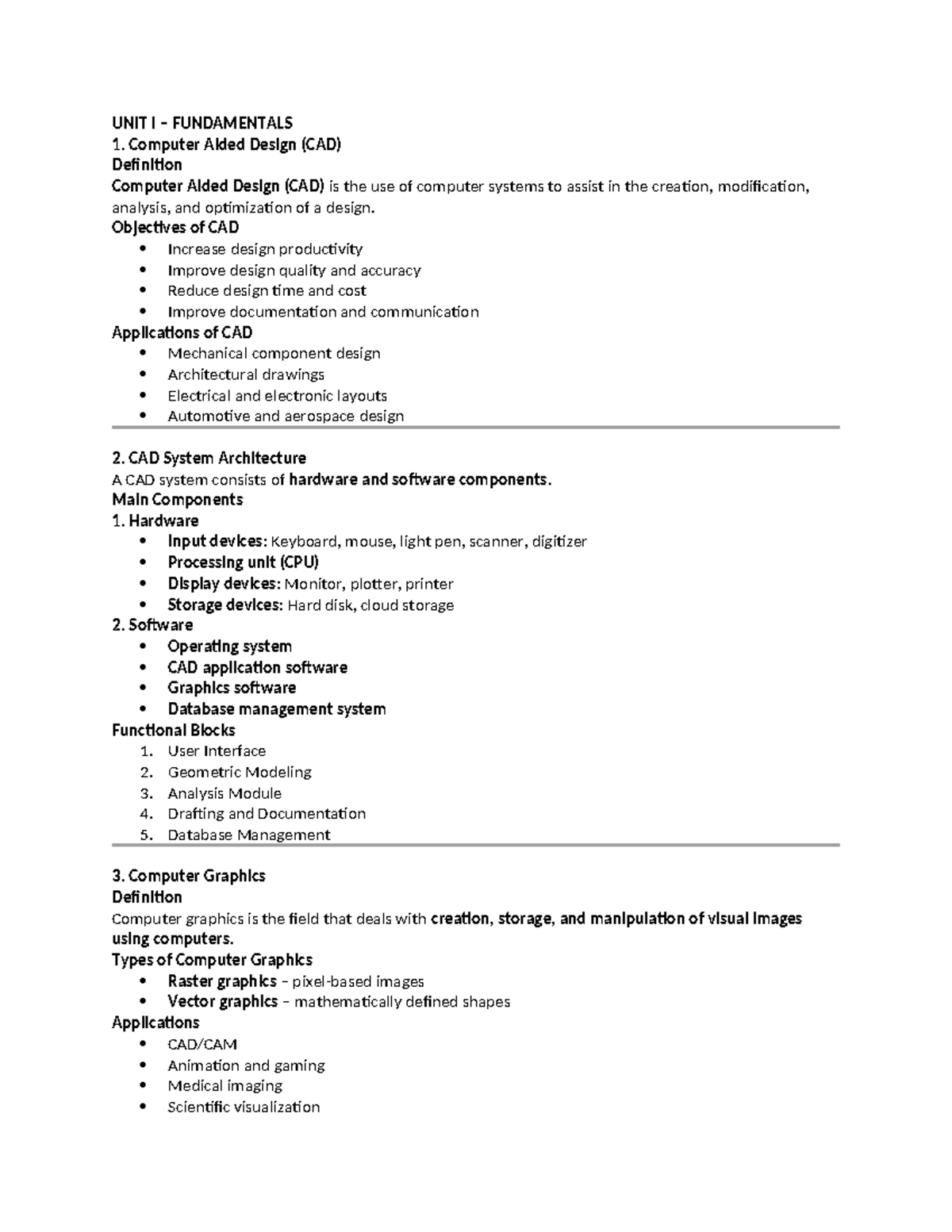 UNIT I Short Notes - MECHANICAL CAD Fundamentals and Applications - Studocu