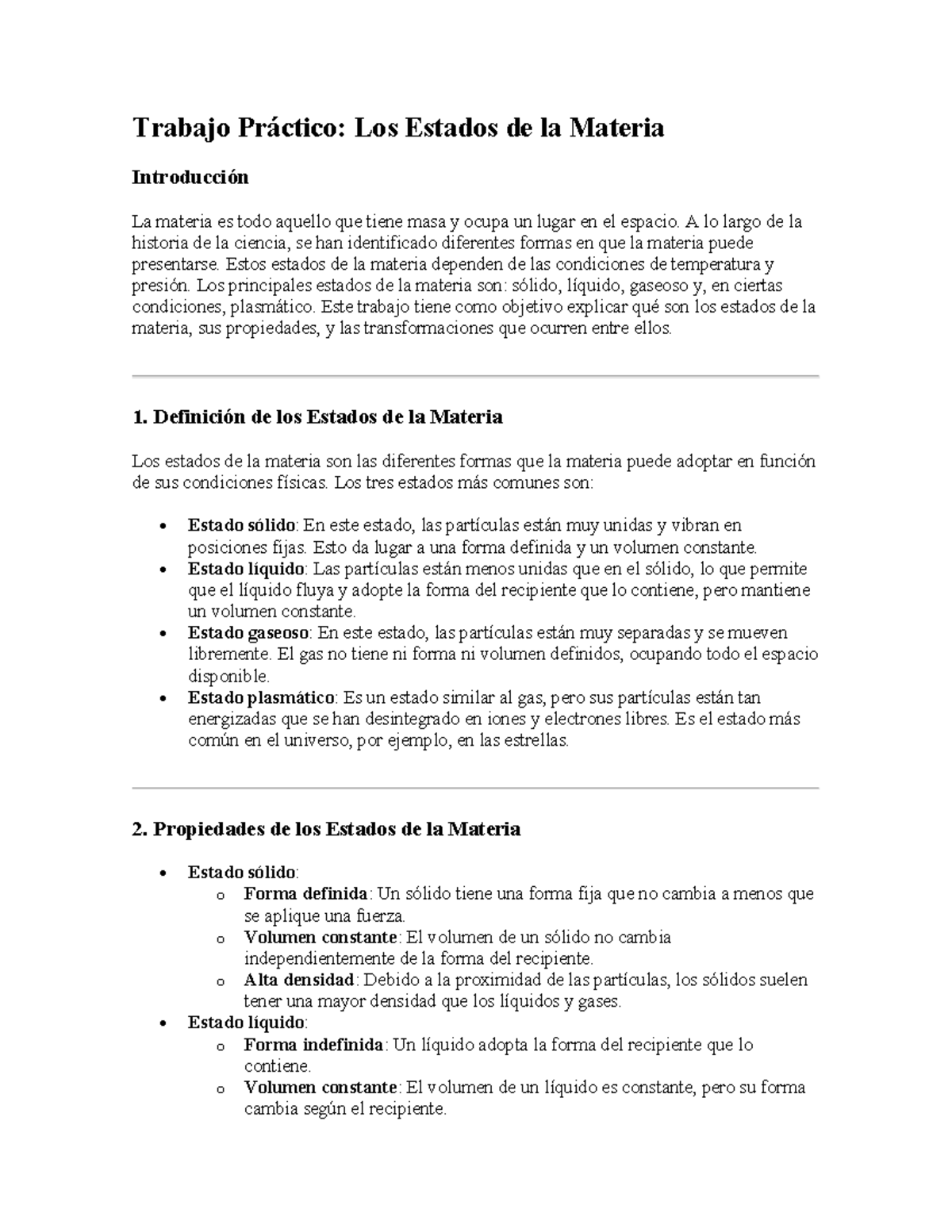 Trabajo Práctico - Los Estados de la Materia y Sus Propiedades - Studocu