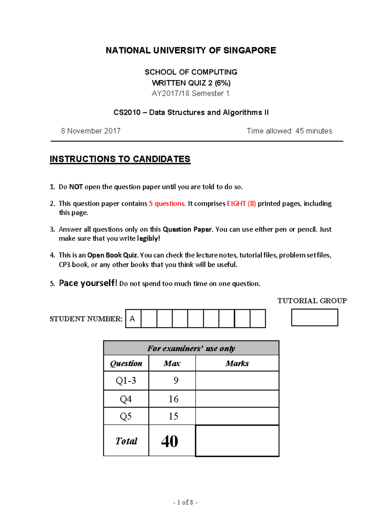 NUS CS2040 Data Structures and Algorithms Exam AY2017-2018 Semester 1 - Warning: TT: undefined ...
