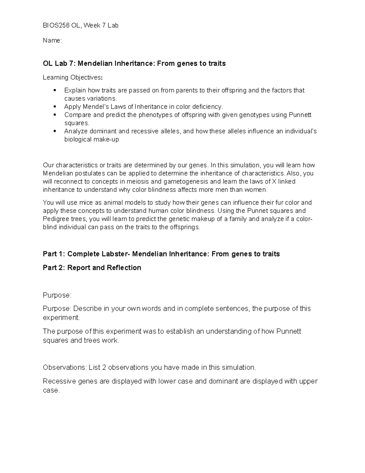 WK 7 LAB - genetics - BIOS256 OL, Week 7 Lab Name: OL Lab 7: Mendelian ...