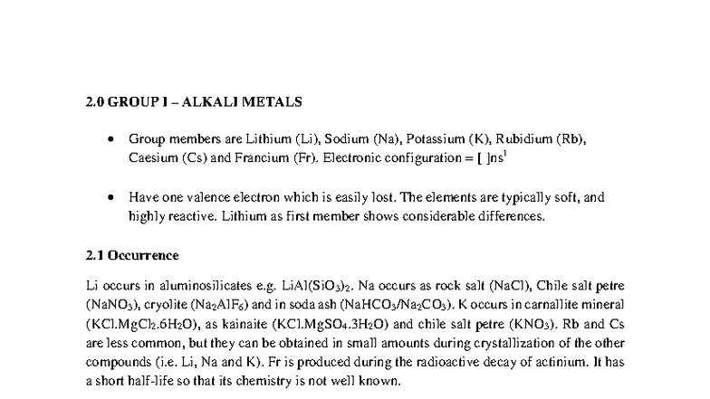 Group I Alkali Metals: Properties, Reactions, and Applications - Studocu