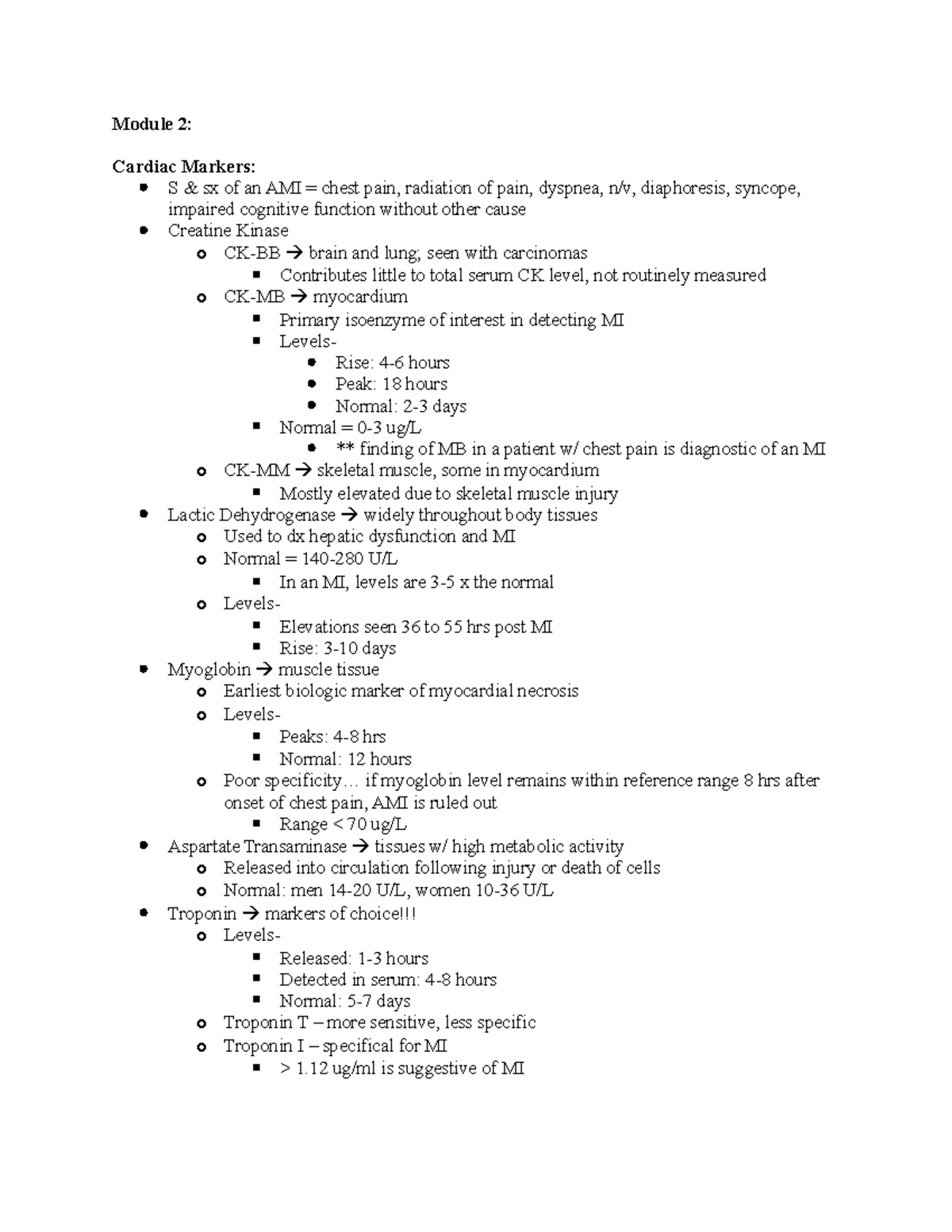 Module 2 - Module 2: Cardiac Markers: S & sx of an AMI = chest pain ...