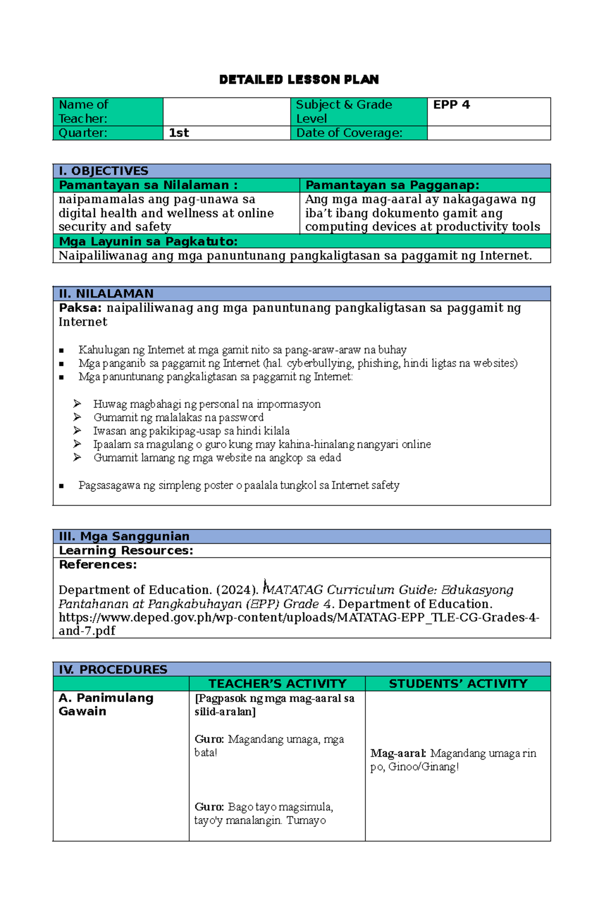 T5-EPP4-Q1 - Detailed Lesson Plan on Internet Safety for Grade 4 - Studocu