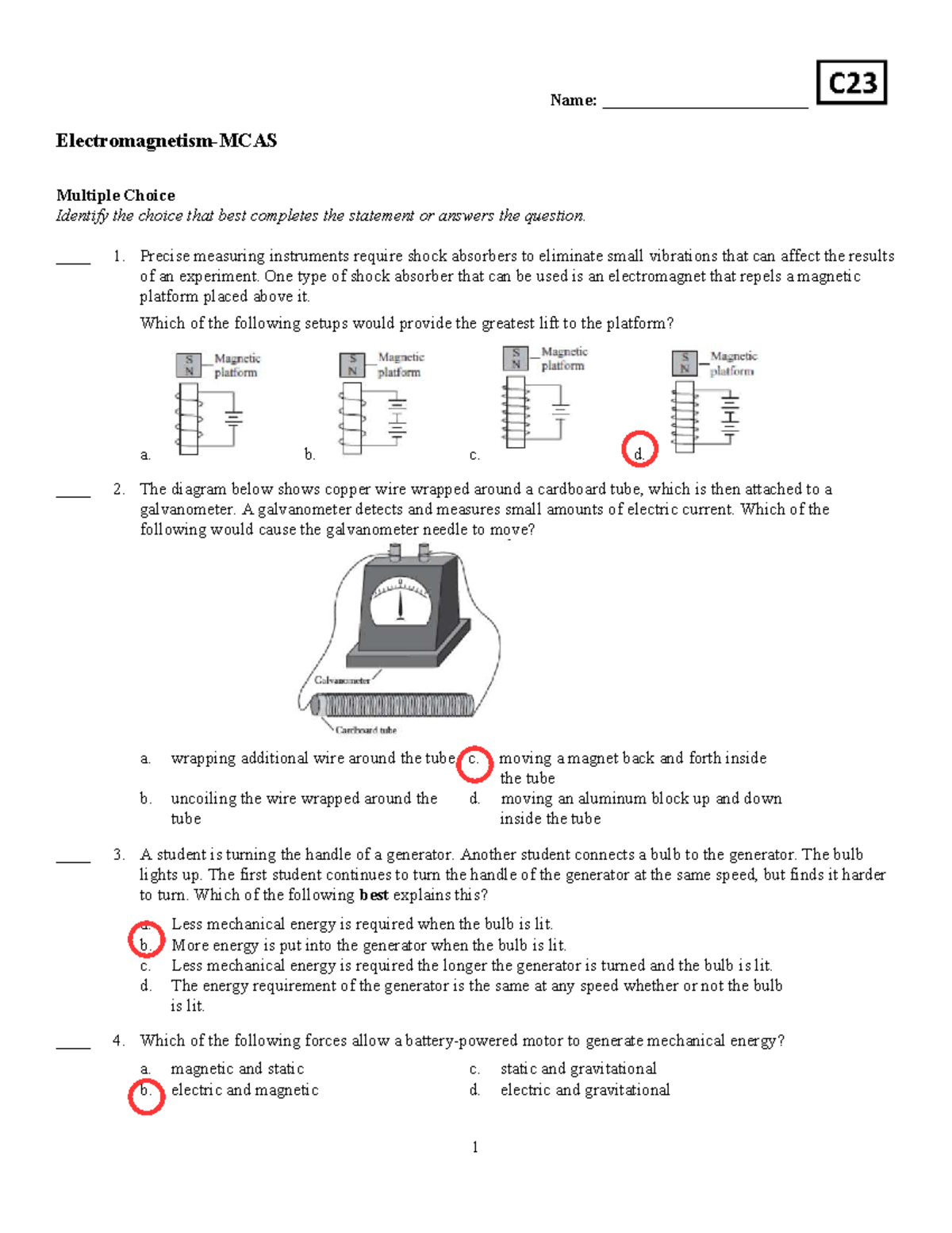 C23 WS - Electromagnetism Multiple Choice Questions and Answers - Studocu