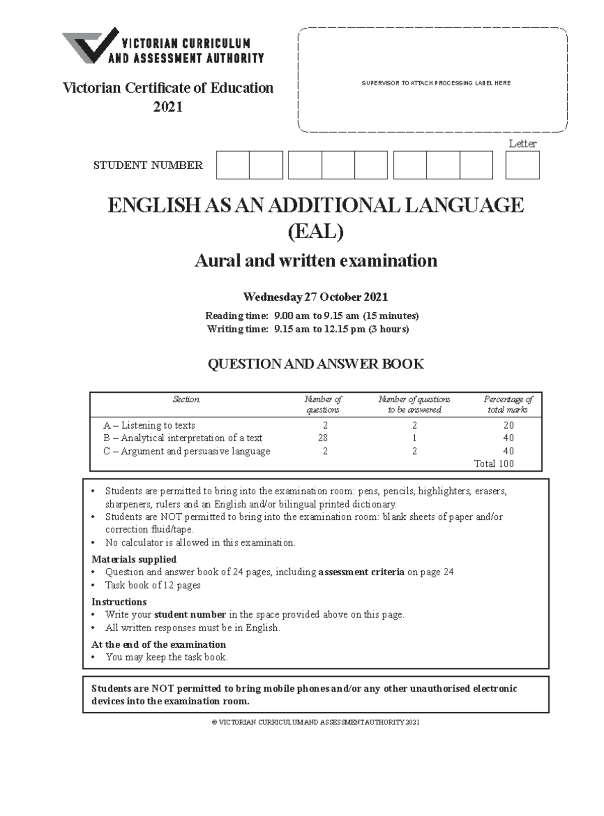 2021 EAL Written Exam: Aural & Written Assessment Guide - Studocu