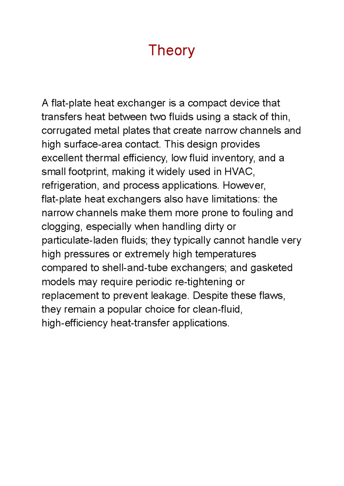 Theory - Flat Plate Heat Exchanger Overview - Studocu