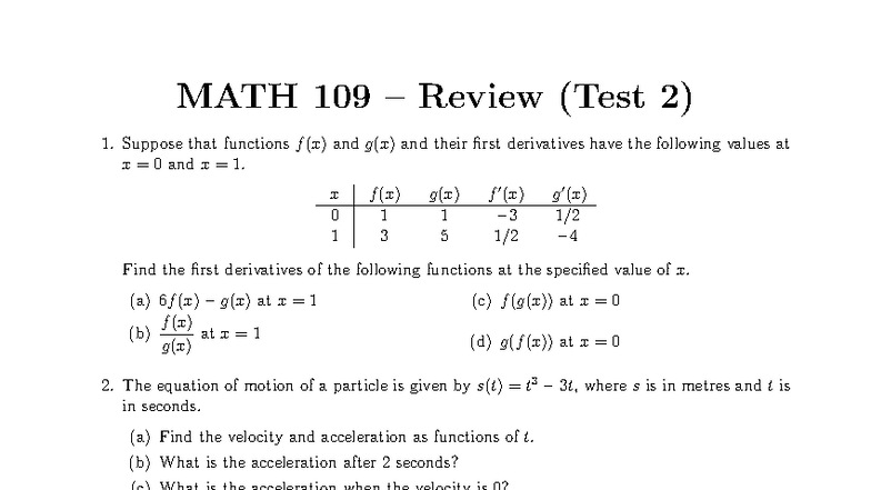 MATH 109 Test 2 Review: Functions, Derivatives & Motion - Studocu