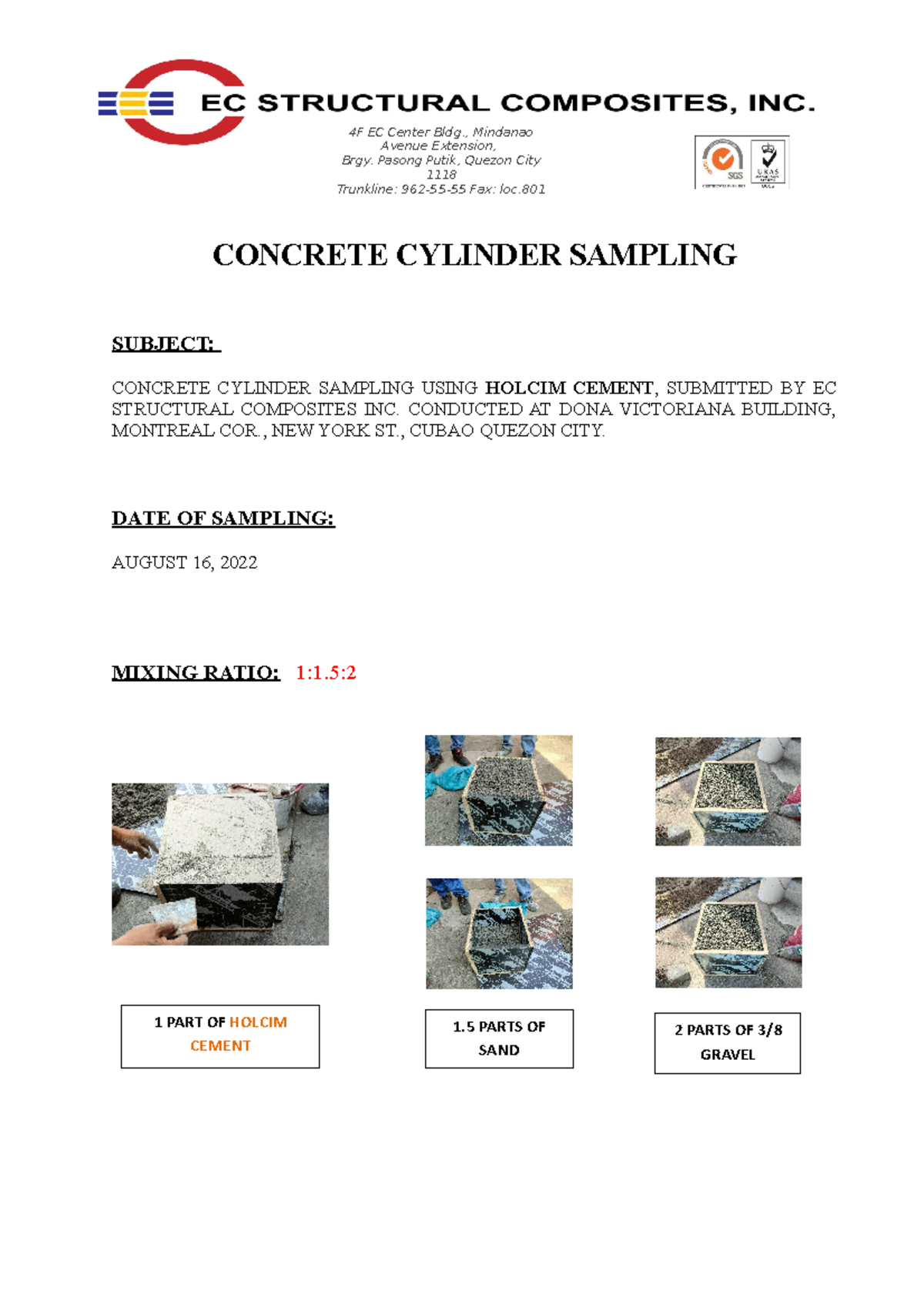 Concrete Cylinder Sampling Procedure with Holcim Cement - Studocu