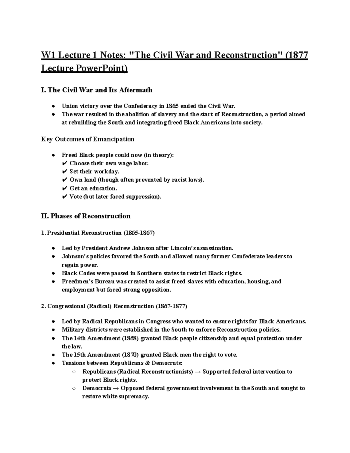 HIS 104 Lecture Notes: Civil War, Reconstruction & Jim Crow Era ...