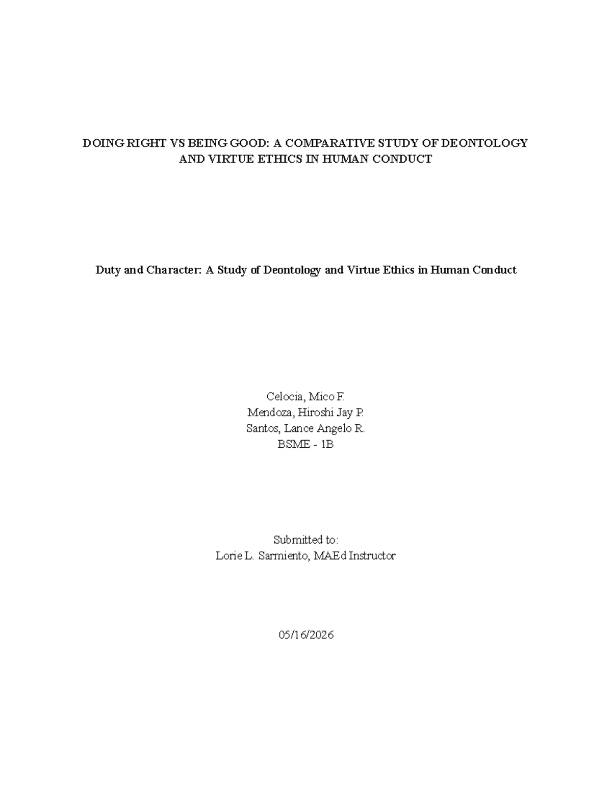 BSME 1B: Comparative Study of Deontology & Virtue Ethics in Ethics ...
