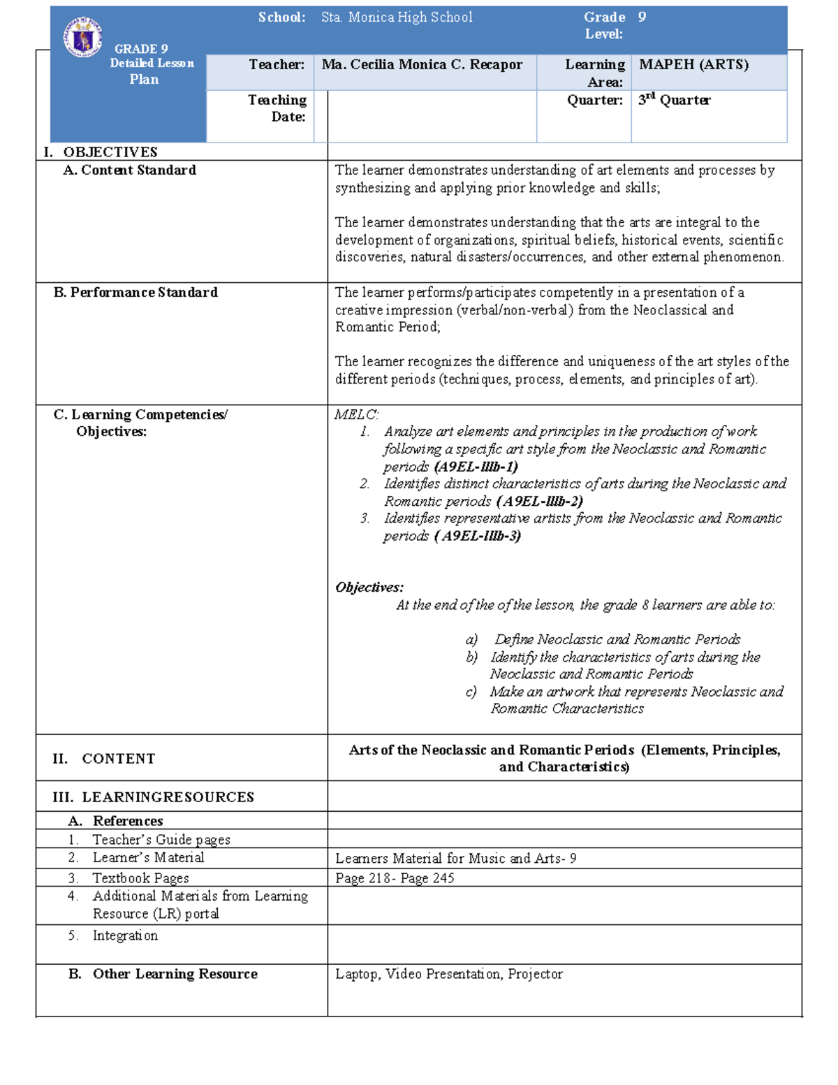 Lesson Plan: Exploring Neoclassic & Romantic Art Styles (GRADE 9 MAPEH ...