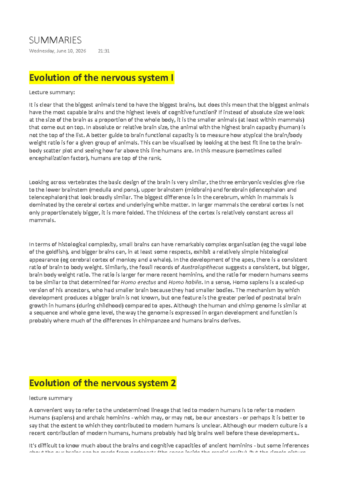 Evolution of the Nervous System I: Lecture Summary - Studocu