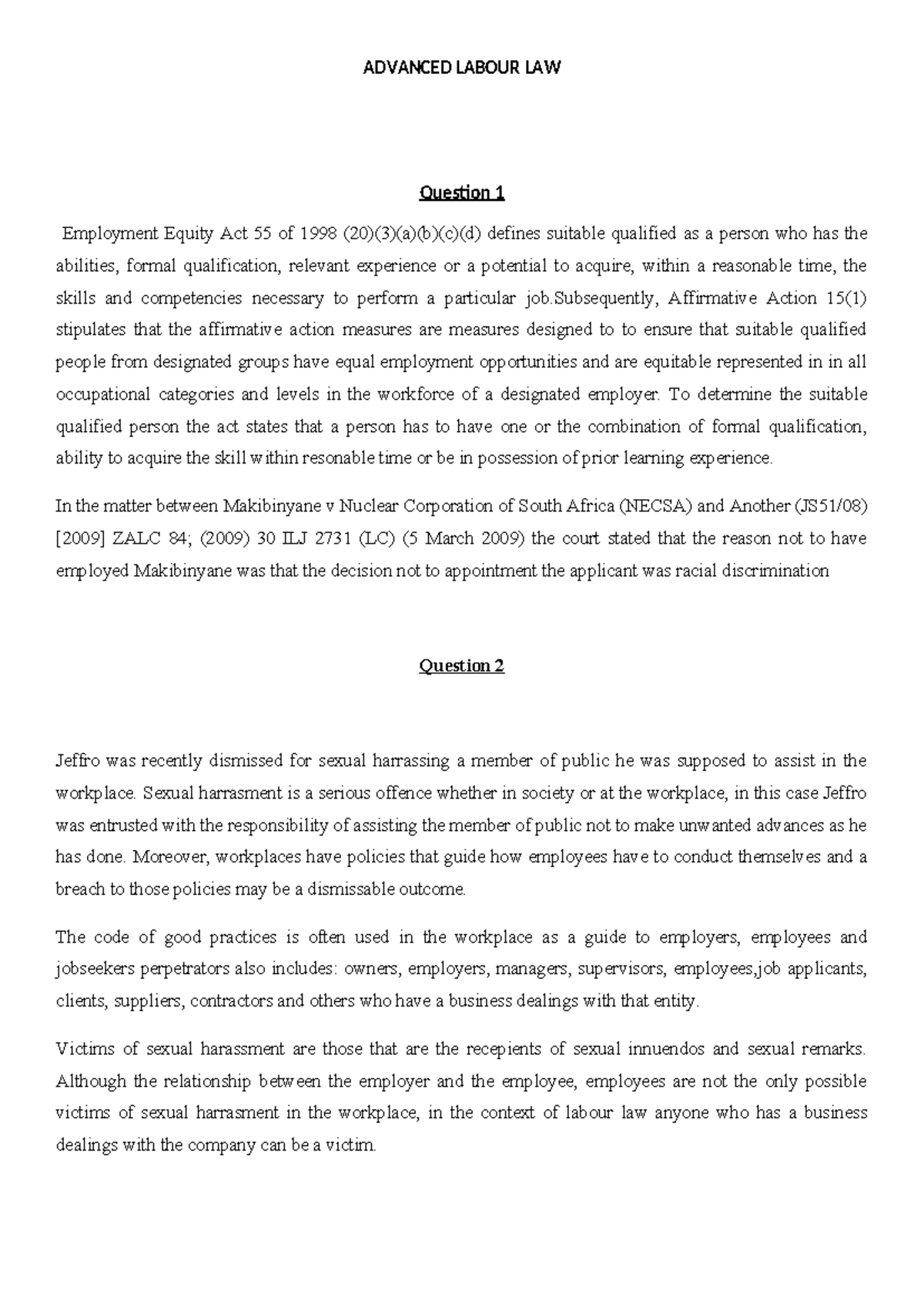 Advanced Labour Law - Key Cases and Concepts on Employment Equity and ...
