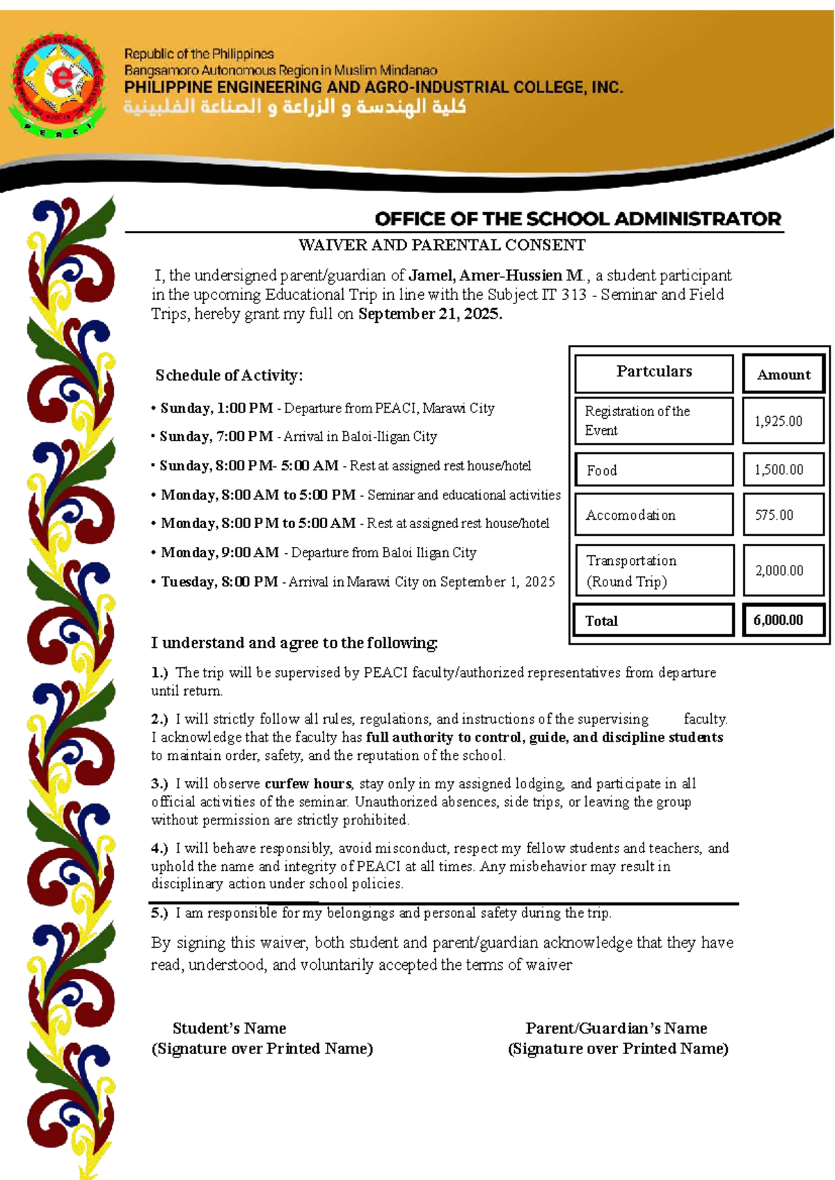 IT 313 Educational Trip Waiver and Parental Consent Form - Studocu