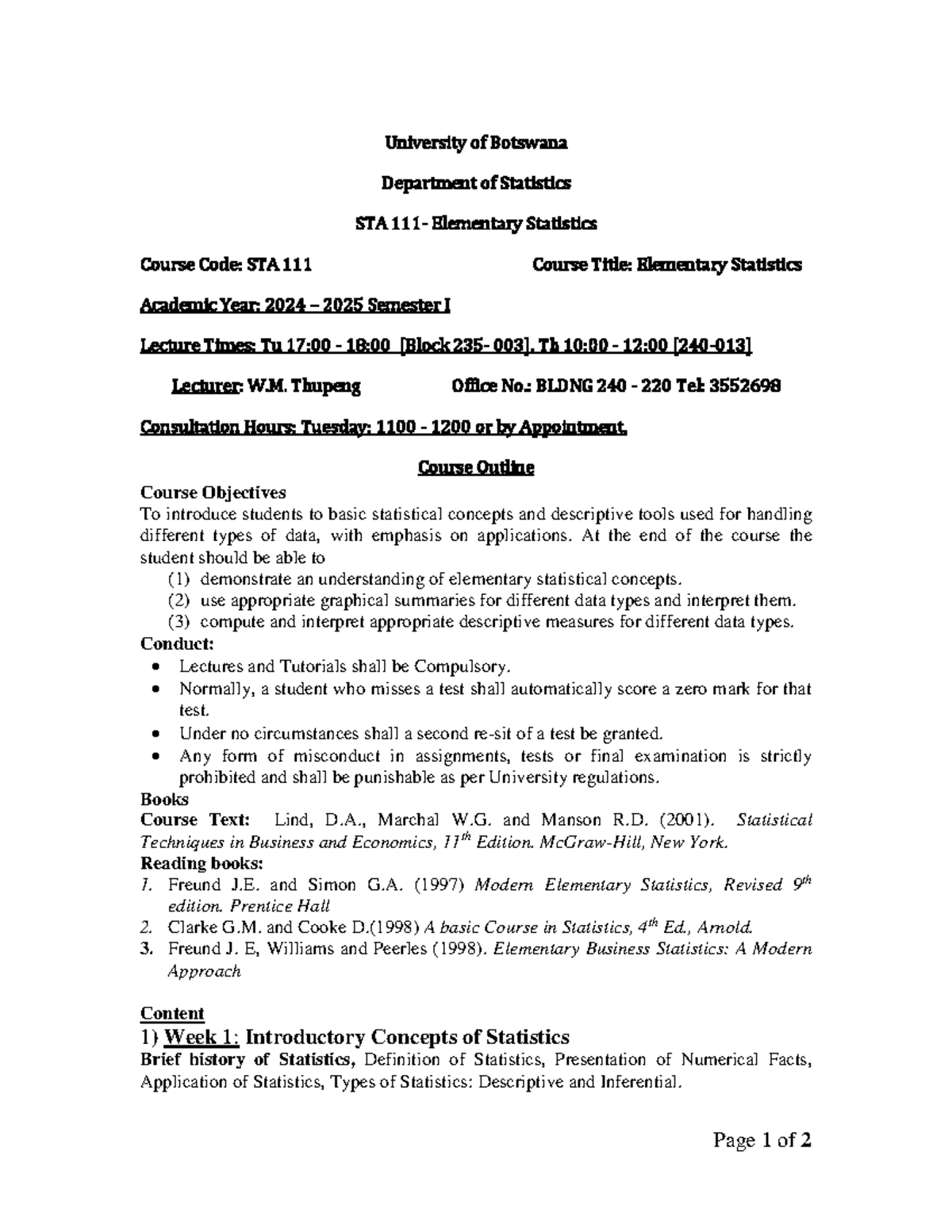 STA 111 Course Outline: Key Concepts in Elementary Statistics - Studocu