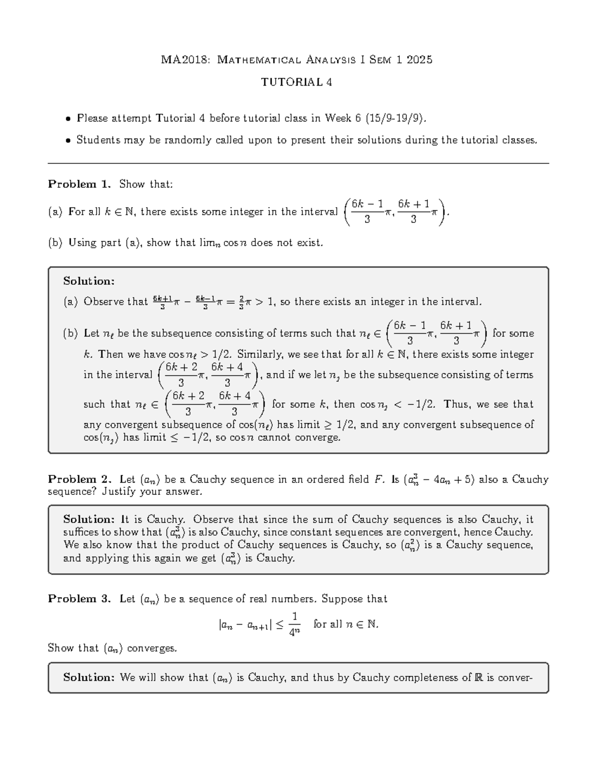 MA2018: Mathematical Analysis I Sem 1 2025 Tutorial 4 Solutions - Studocu