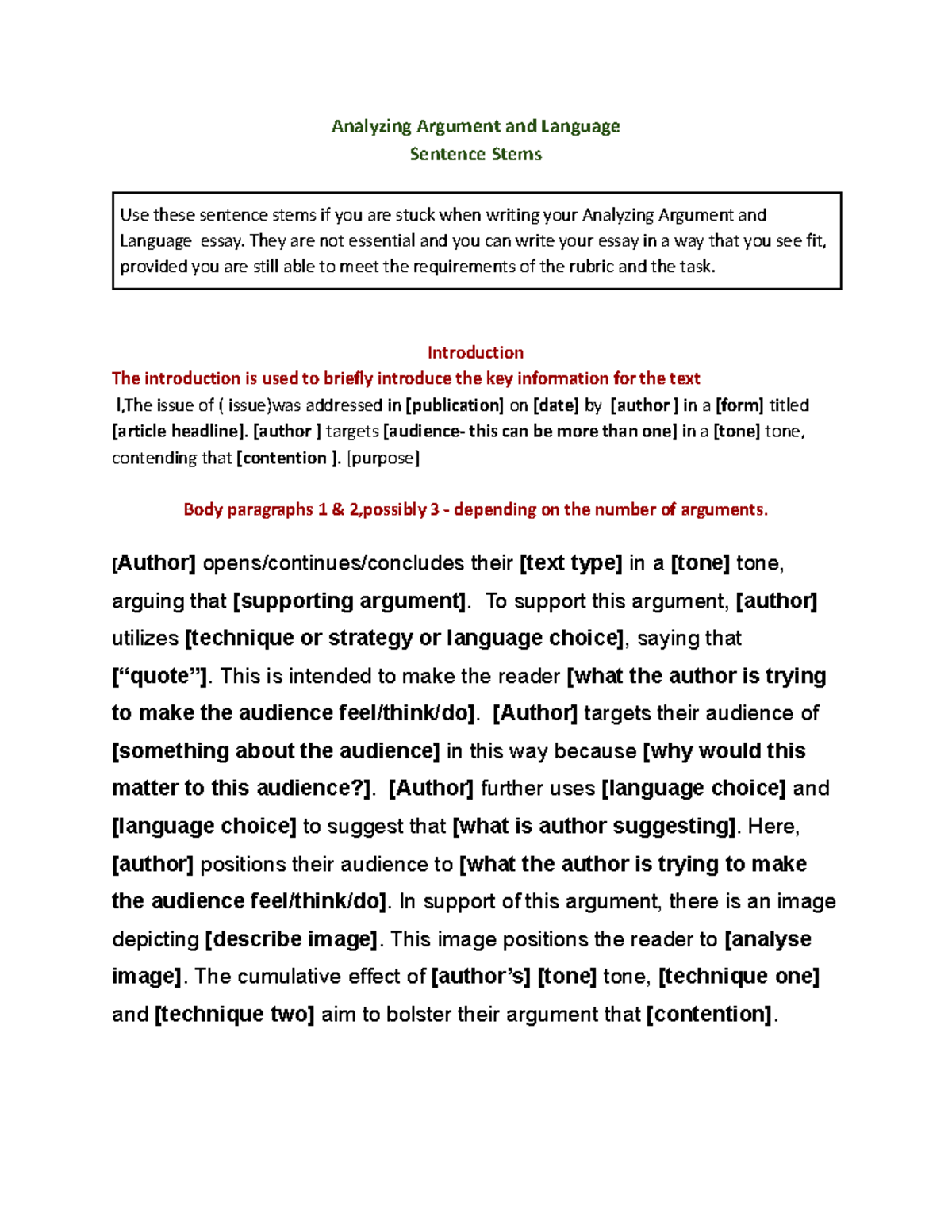 Analyzing Argument & Language Essay Sentence Stems - Studocu