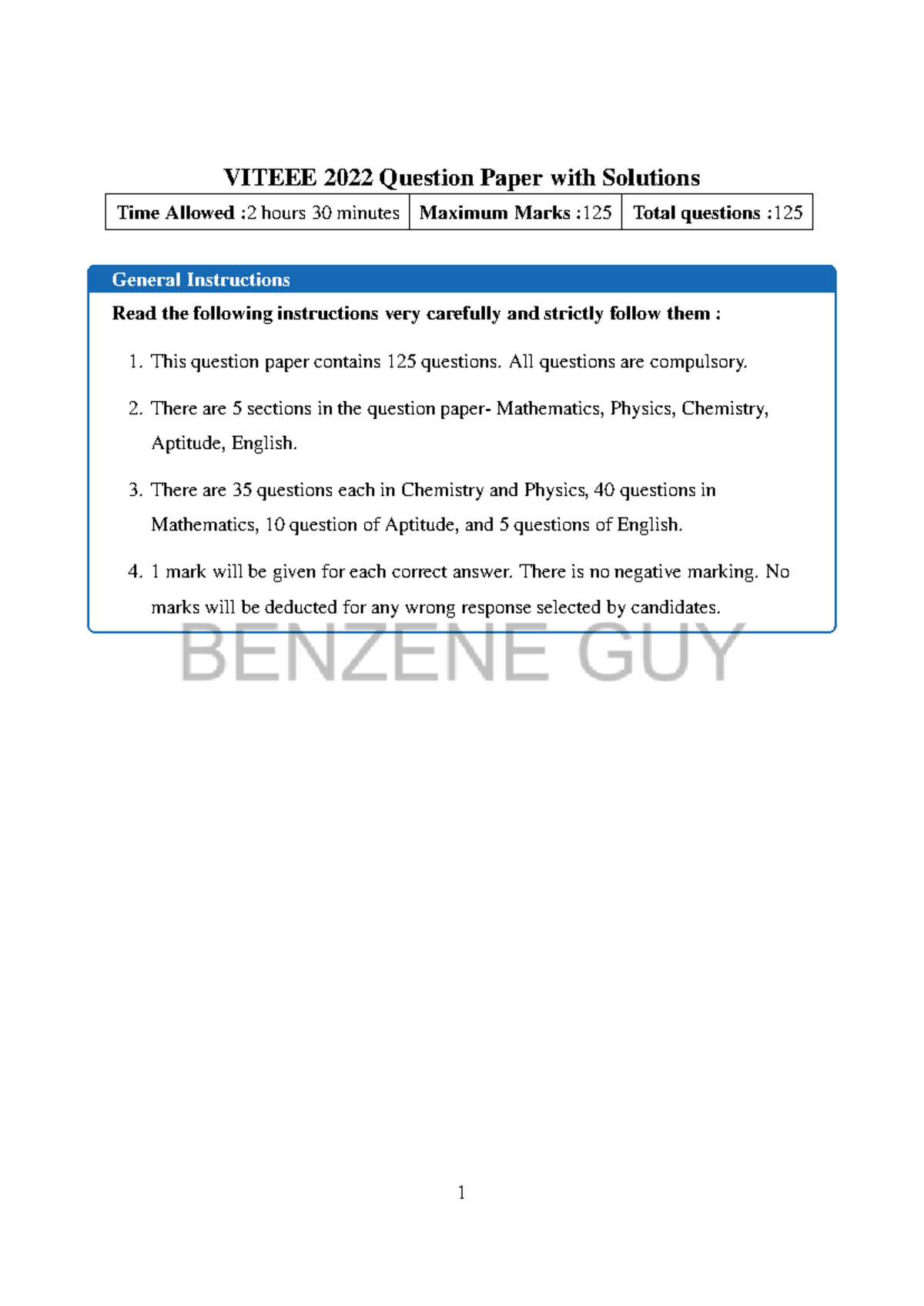 VITEEE 2022 Question Paper with Solutions - 2.5 Hours, 125 Marks - Studocu