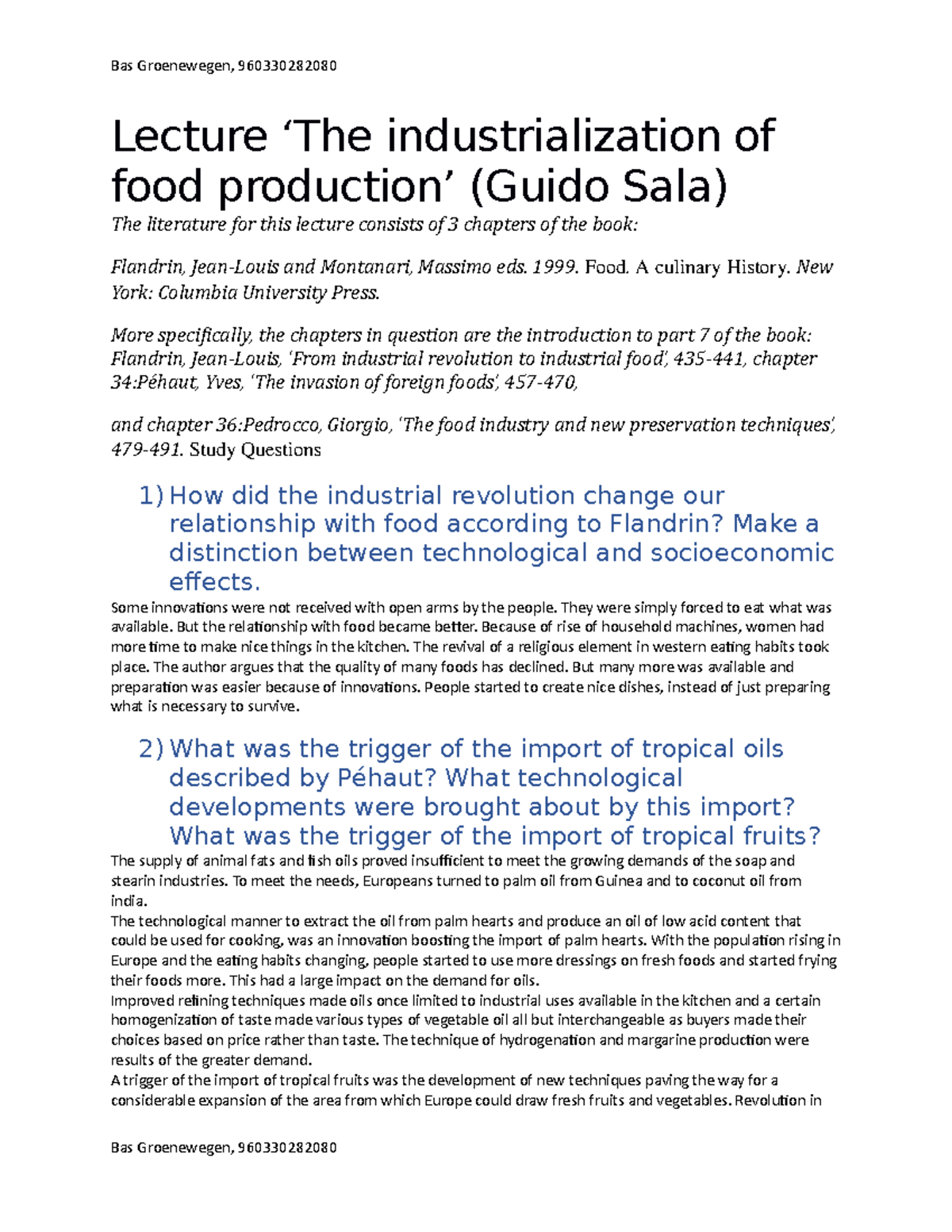 Lecture Notes: The Industrialization of Food Production (960330282080 ...