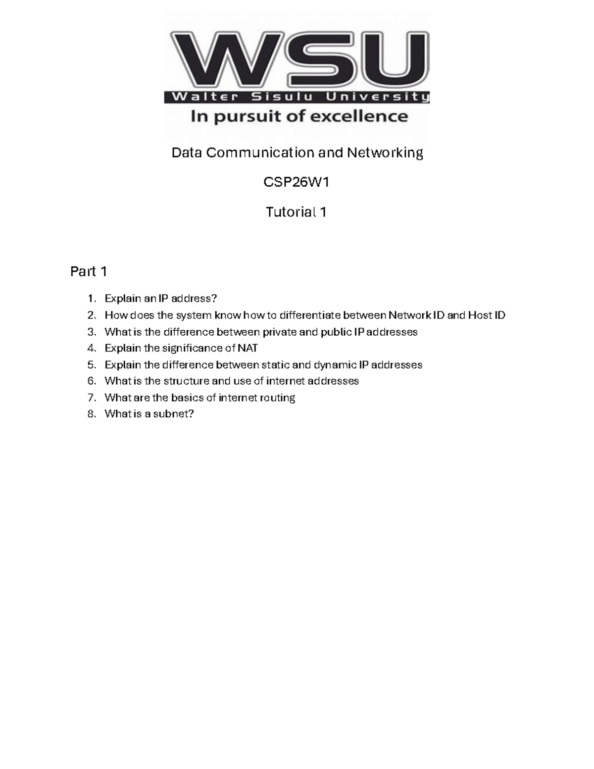 Data Communication and Networking CSP26W1 Tutorial 1: IP Addressing Concepts - Studocu