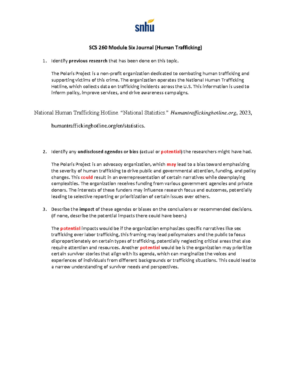 SCS 260 Module 6 Journal: Analyzing Bias in Human Trafficking Research - Studocu