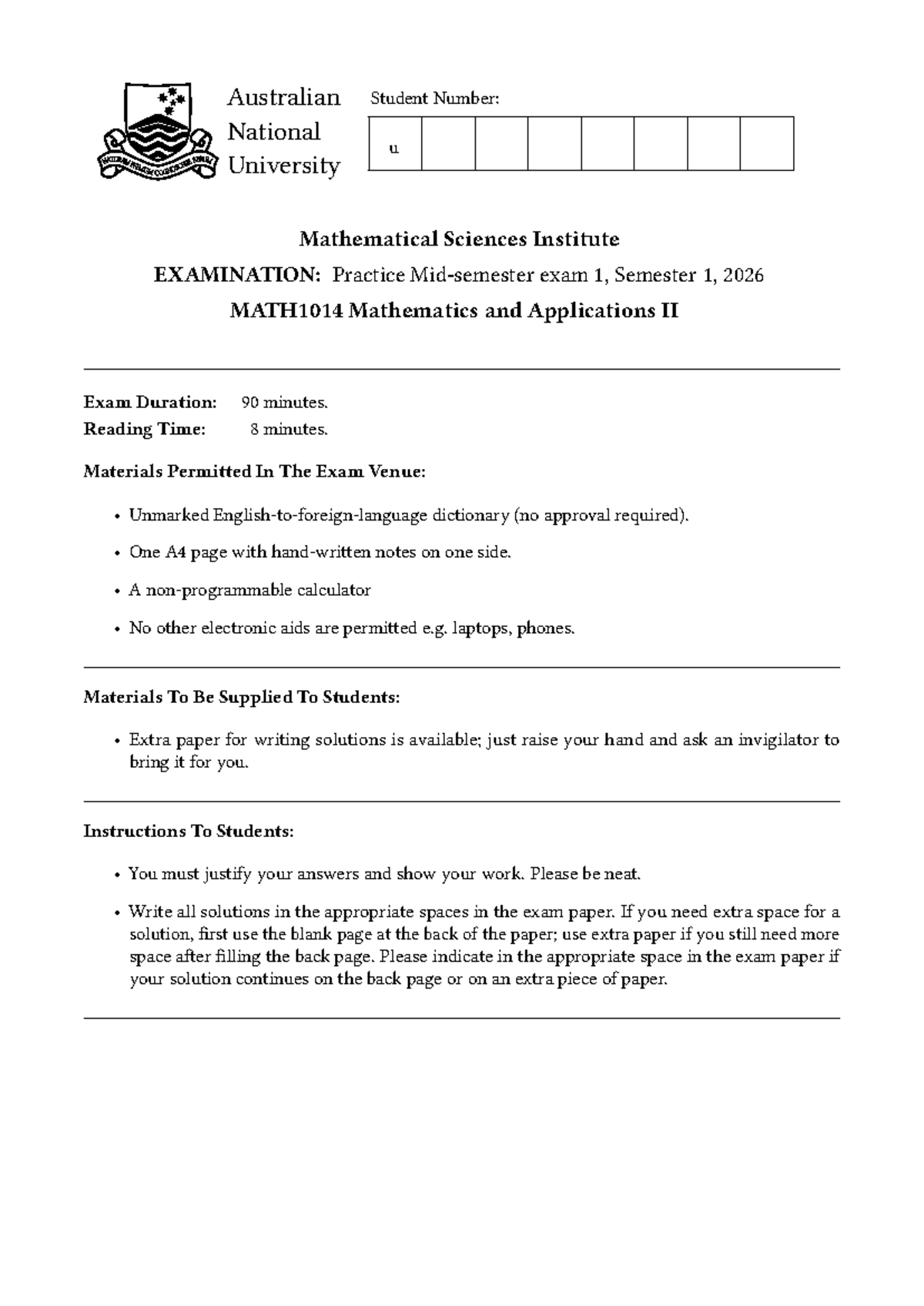 MATH1014 Practice Mid-Sem Exam 1 Solutions - Semester 1, 2026 - Studocu