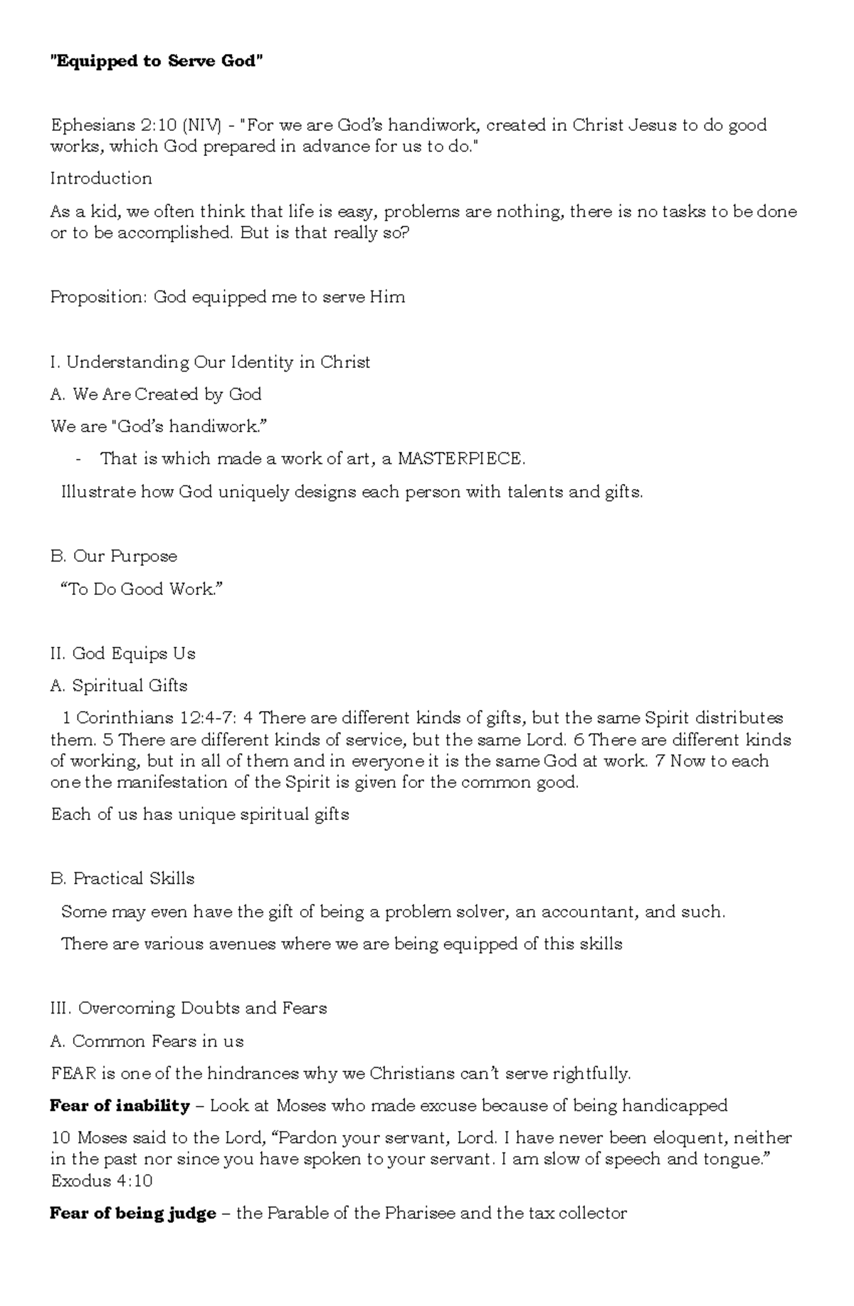 Equipped to Serve God - Sermon Outline on Our Identity in Christ - Studocu