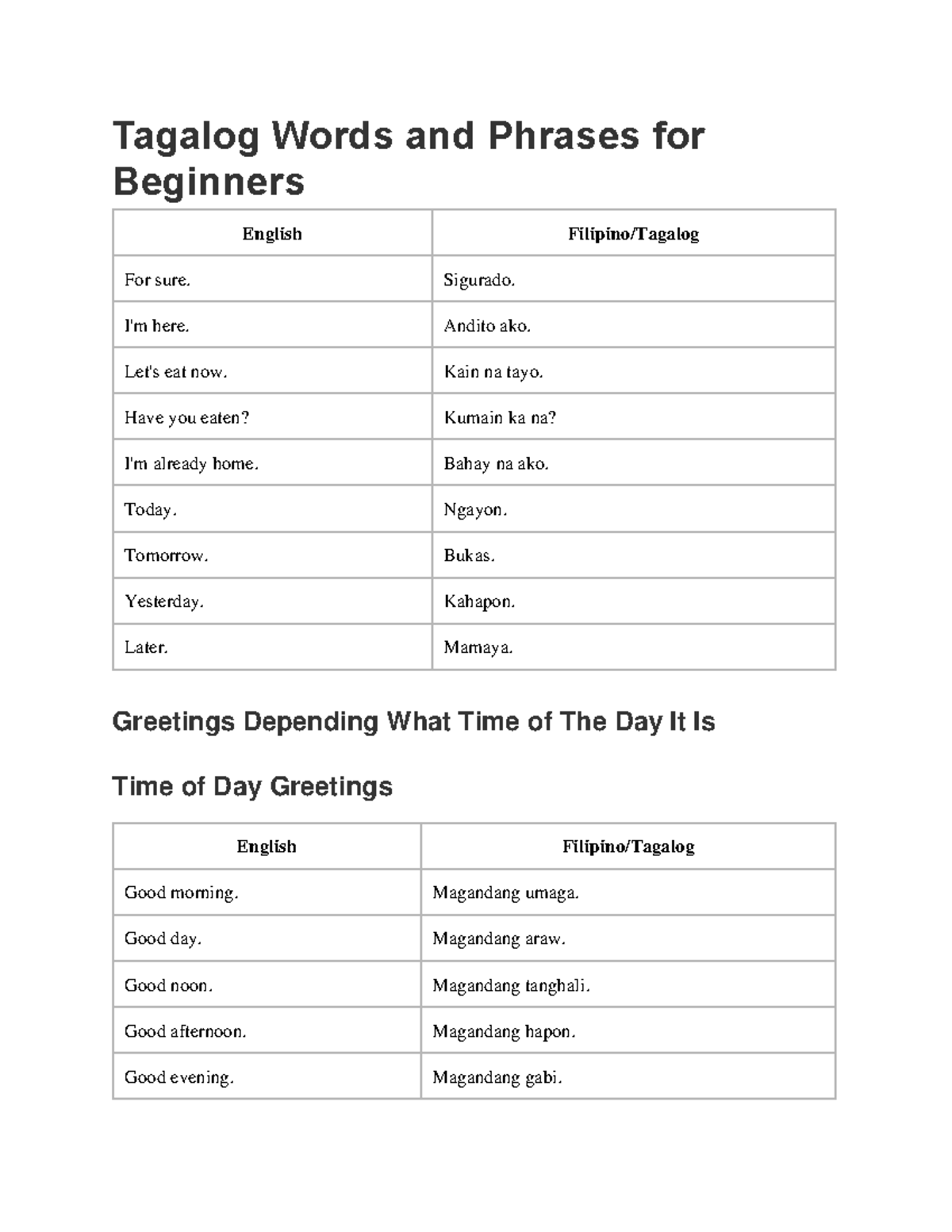 Tagalog Phrases - Lecture Notes for Filipino Language Beginners - Studocu
