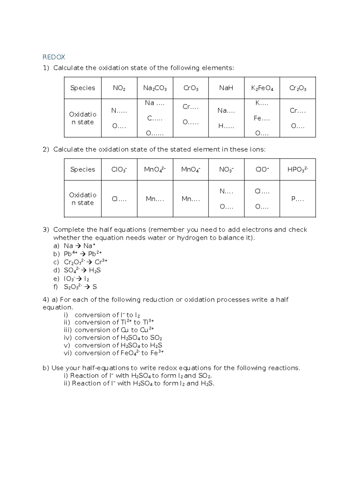 REDOX Exam Practice: Oxidation States & Half Equations - Studocu
