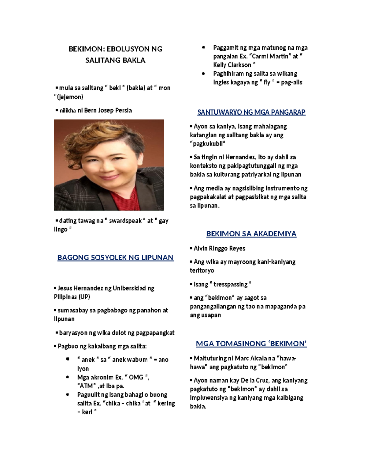 Bekimon: Ebolusyon ng Salitang Bakla at ang Kahalagahan Nito - Studocu