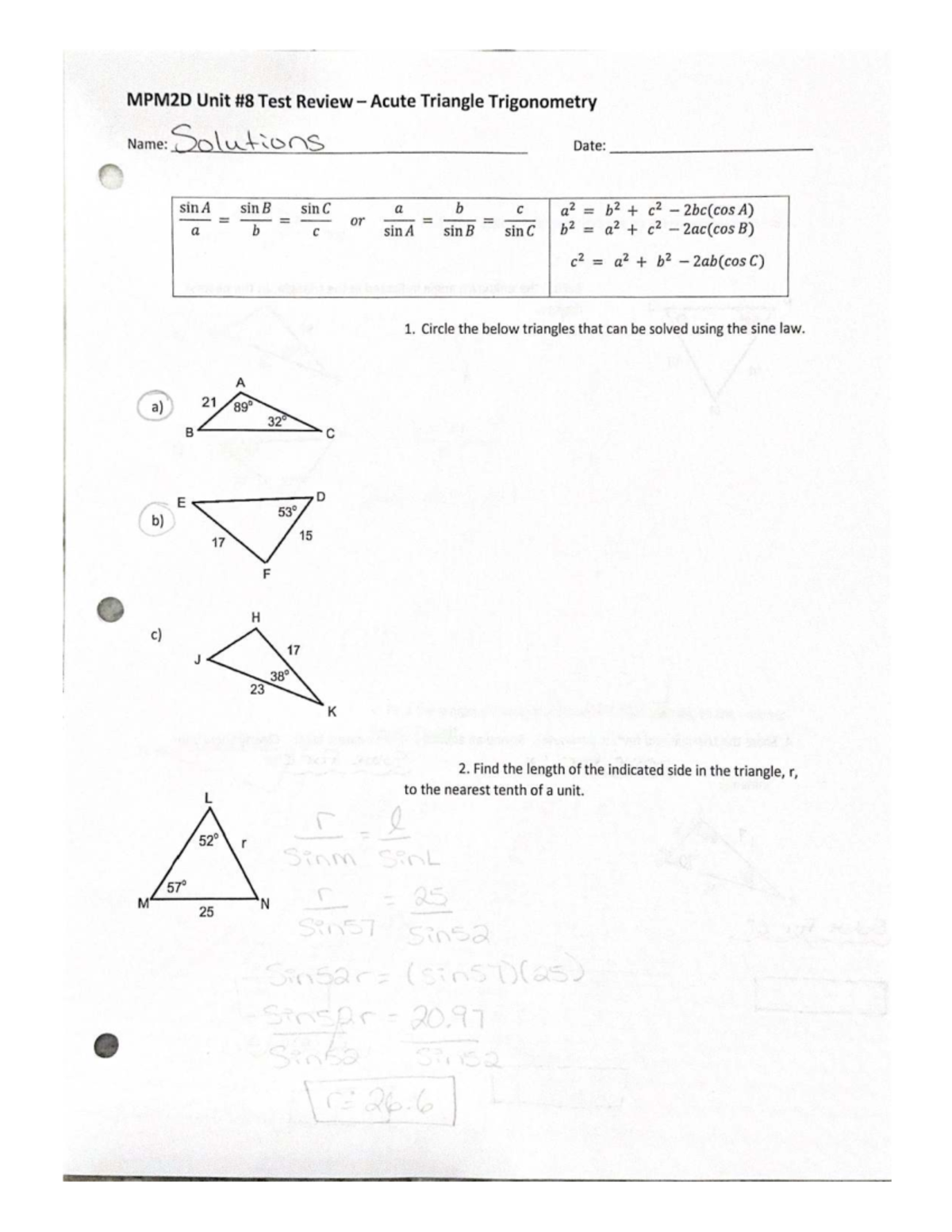 MPM2D Unit Test Review: Acute Triangle Trigonometry Solutions - Studocu