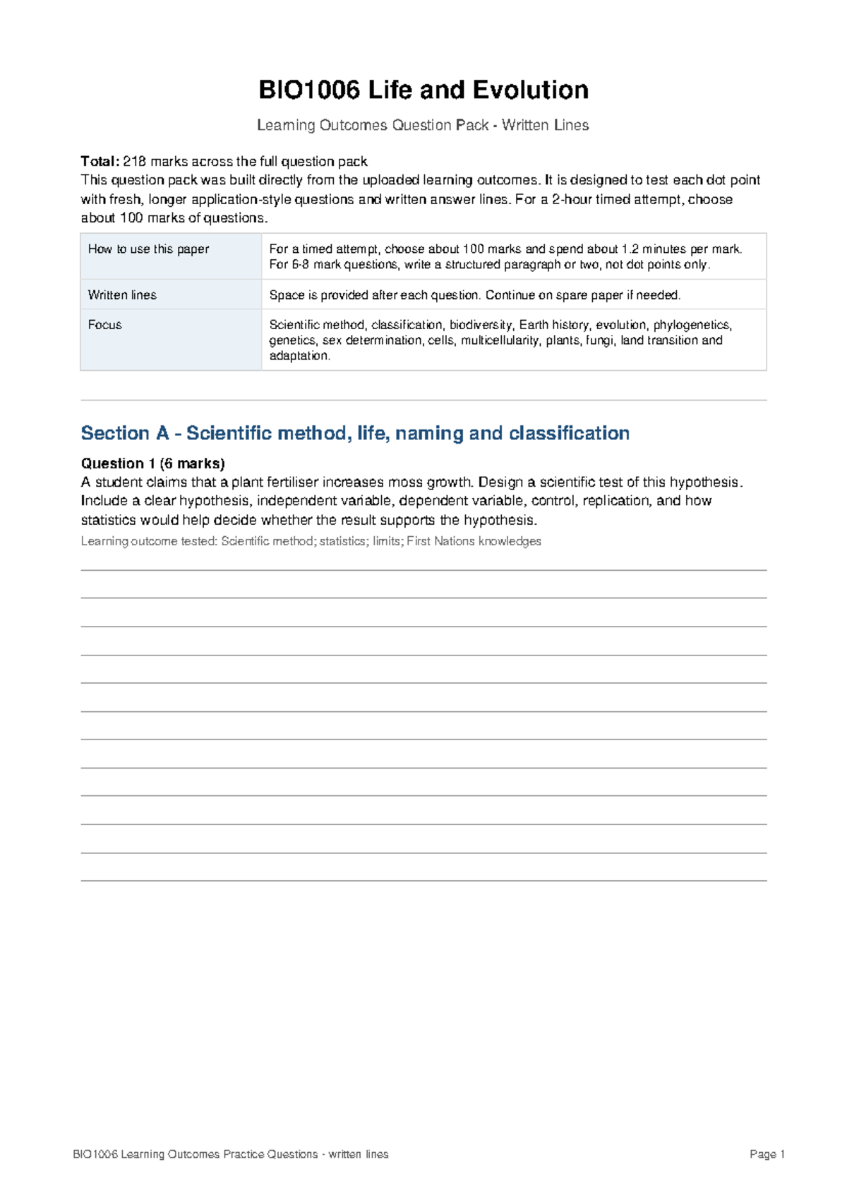 BIO1006 Life and Evolution Learning Outcomes Question Pack - Studocu