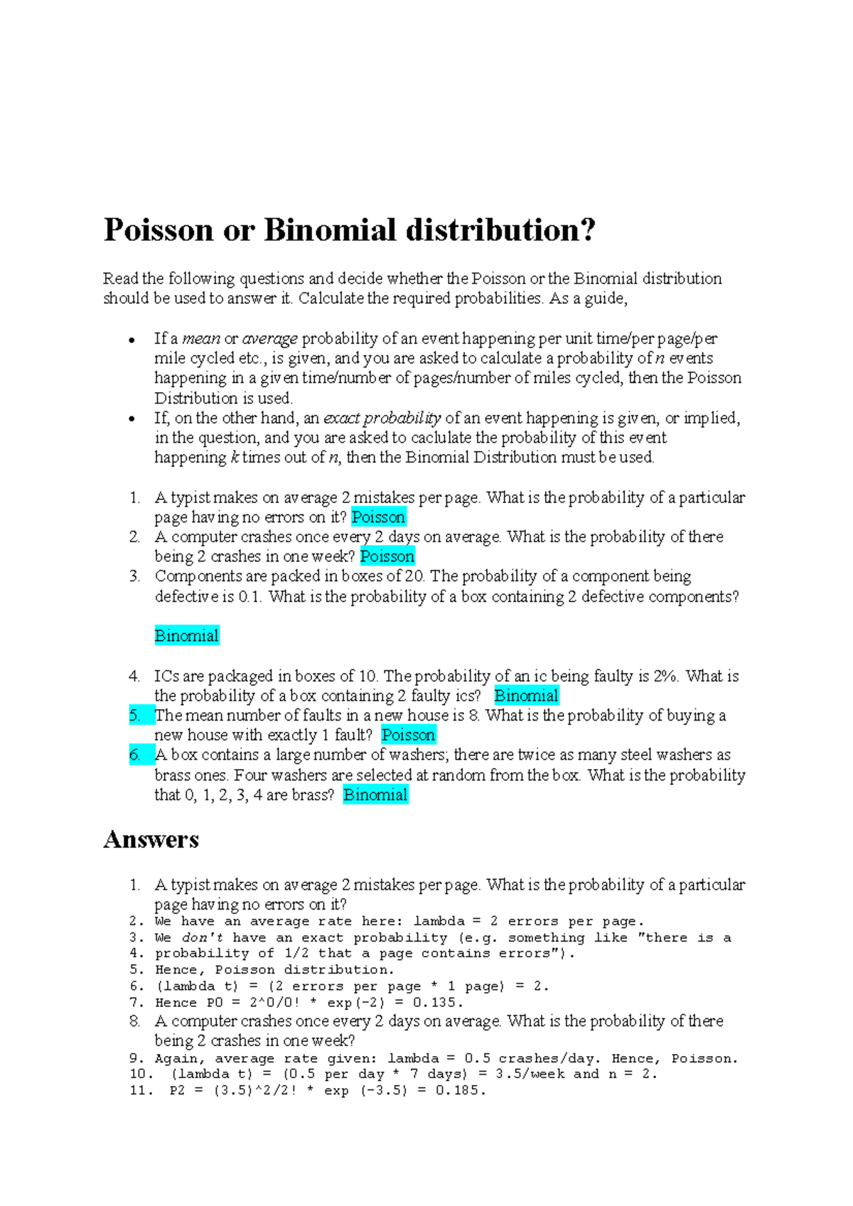 Poisson & Binomial Distribution Analysis and Probability Calculations ...