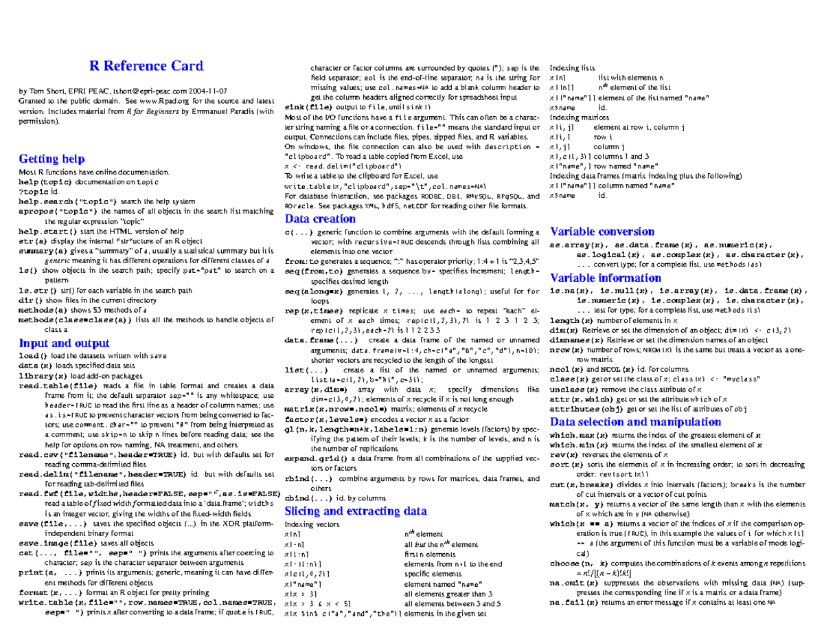R Reference Card: Essential Functions and Usage Guide - Studocu