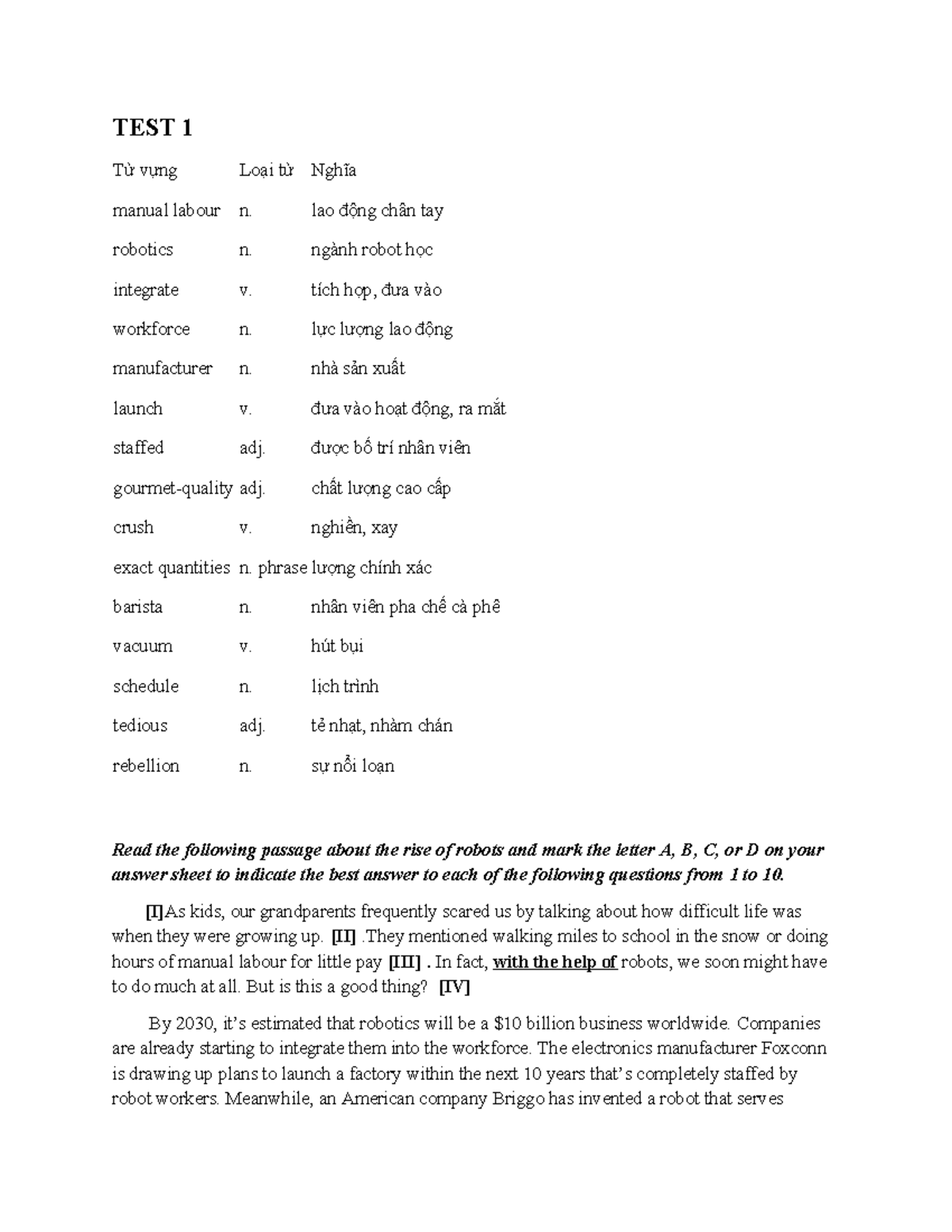 TEST 1: Vocabulary and Reading Comprehension on Robotics and Hacking ...