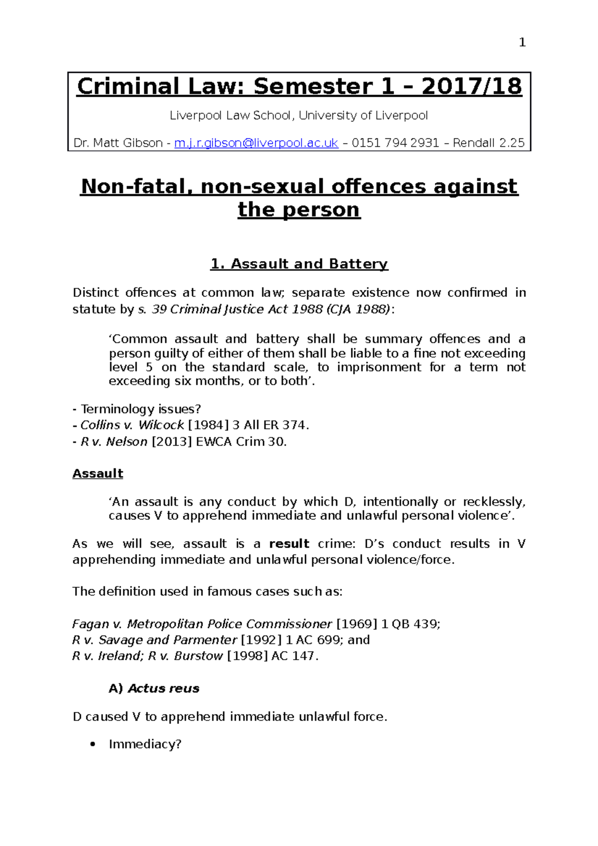 OAPA 1861: Summary of Non-fatal Offences Against the Person - Studocu