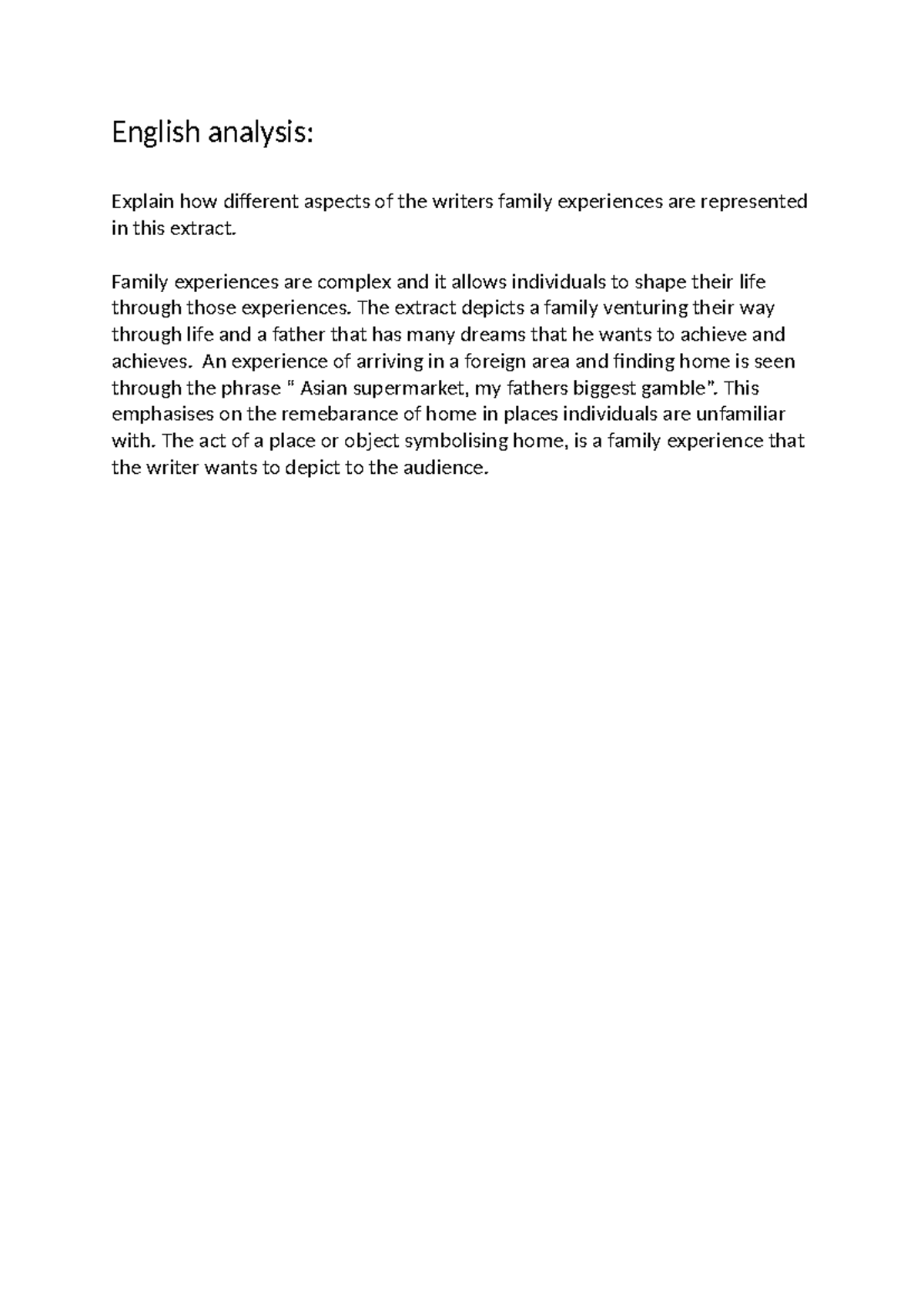 English Analysis: Family Experiences in Literature - Studocu