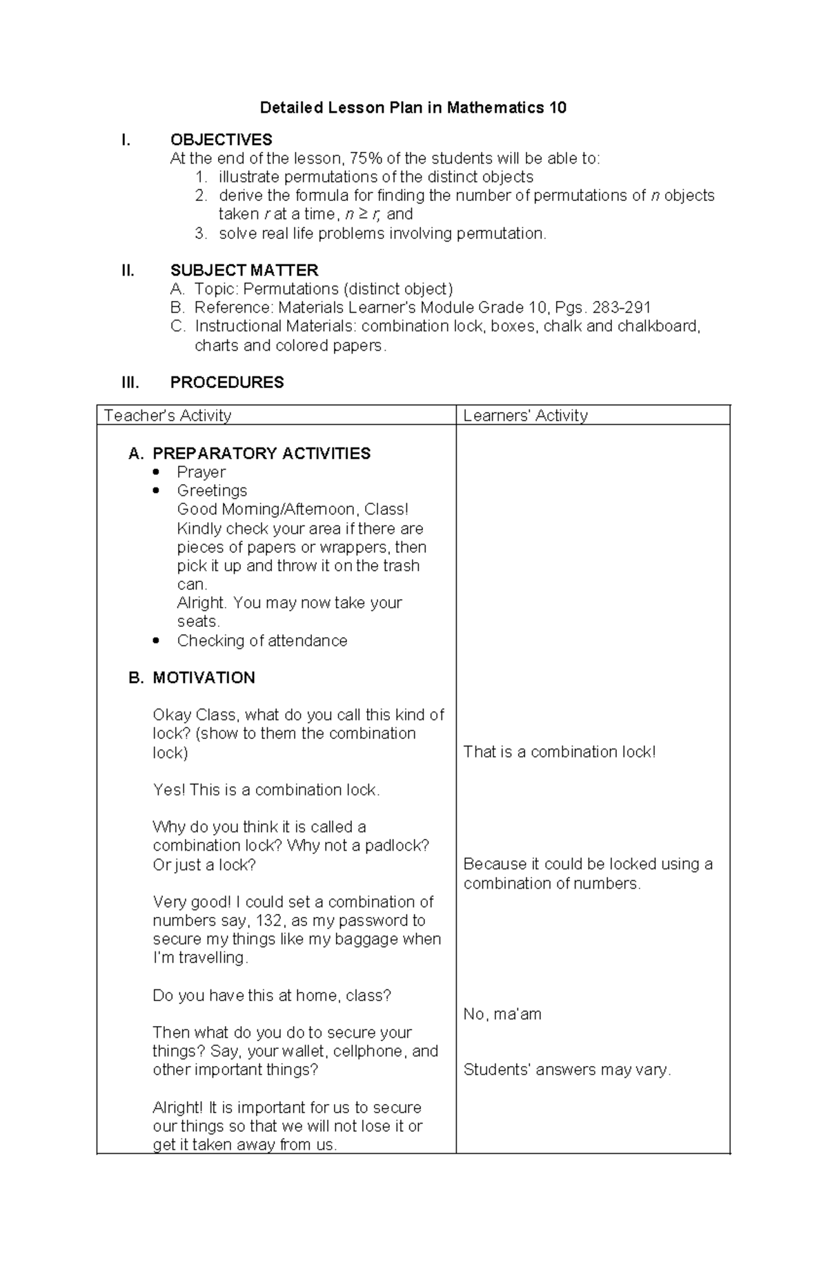 Mathematics 10 Detailed Lesson Plan: Understanding Permutations - Studocu
