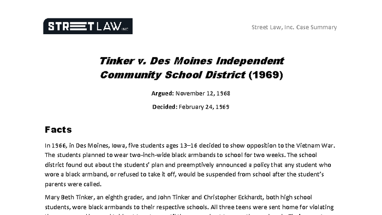 Case Summary HS: Tinker v. Des Moines (1969) - Free Speech Rights - Studocu