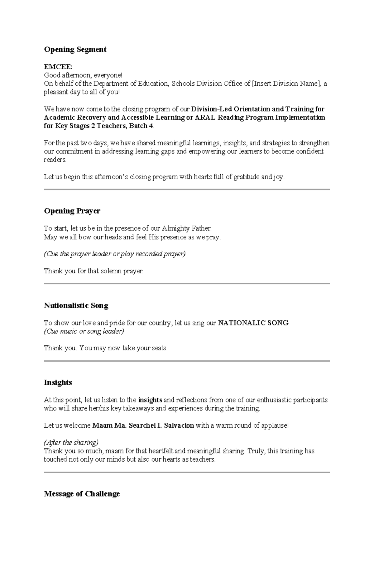 Emcee Script for ARAL Reading Program Closing Ceremony - Studocu