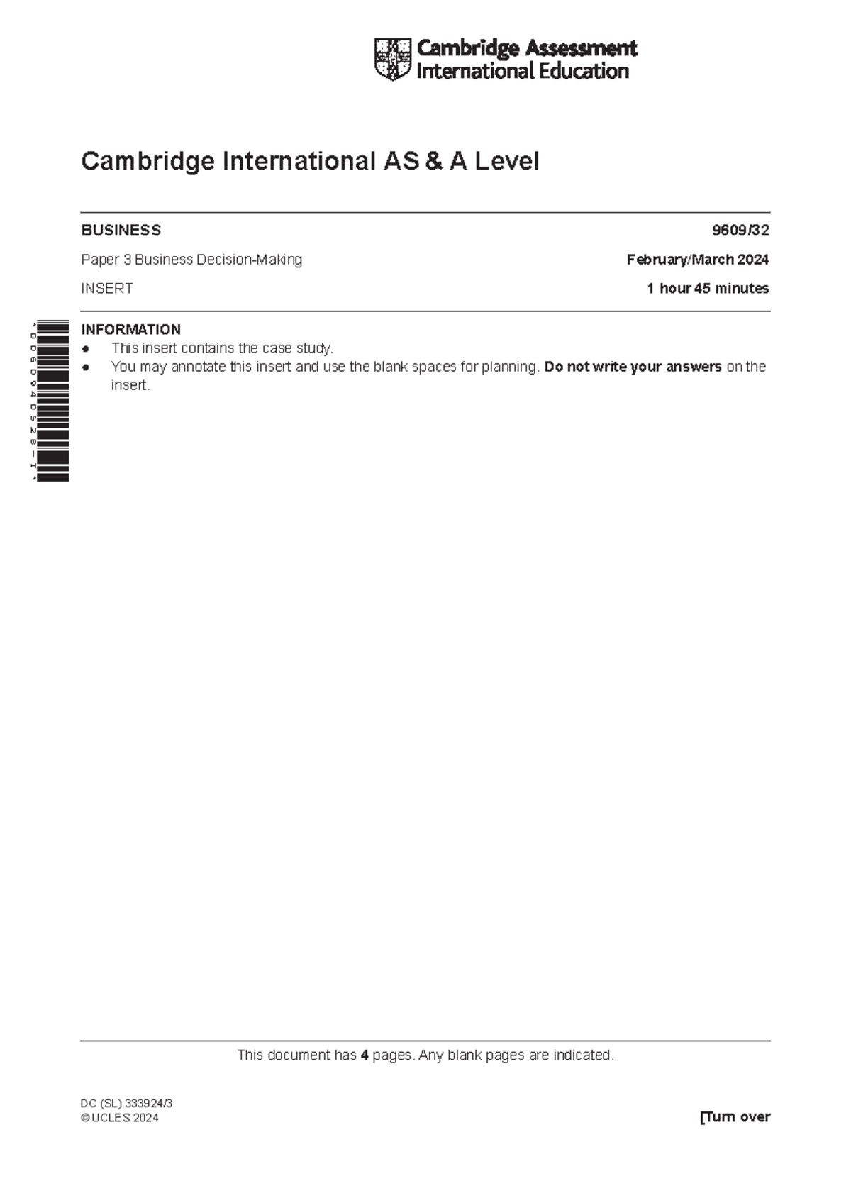 Cambridge International AS & A Level Business 9609 Paper 3 Insert 2024 ...