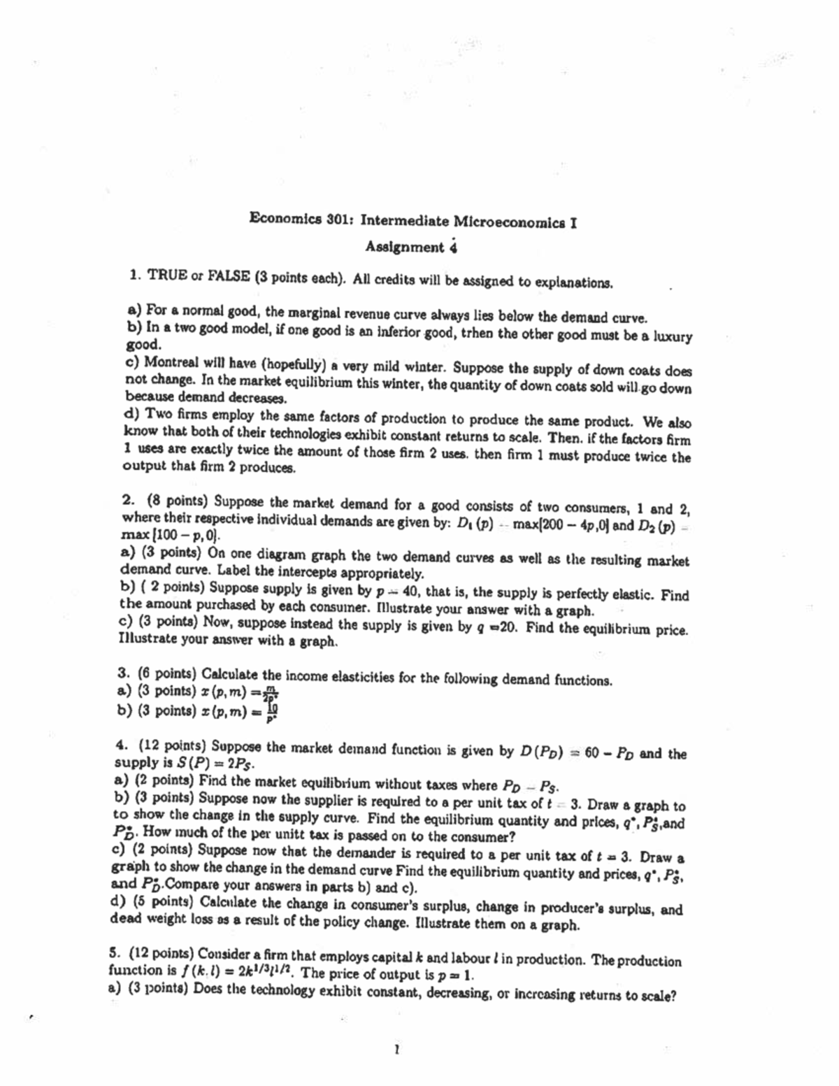 Economics 301: Intermediate microeconomics I assignment 4 answers and analysis - Studocu