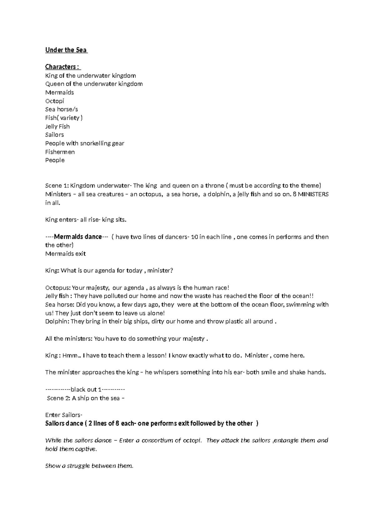 Under the Sea - Speech and Drama Script for Play Activities - Studocu