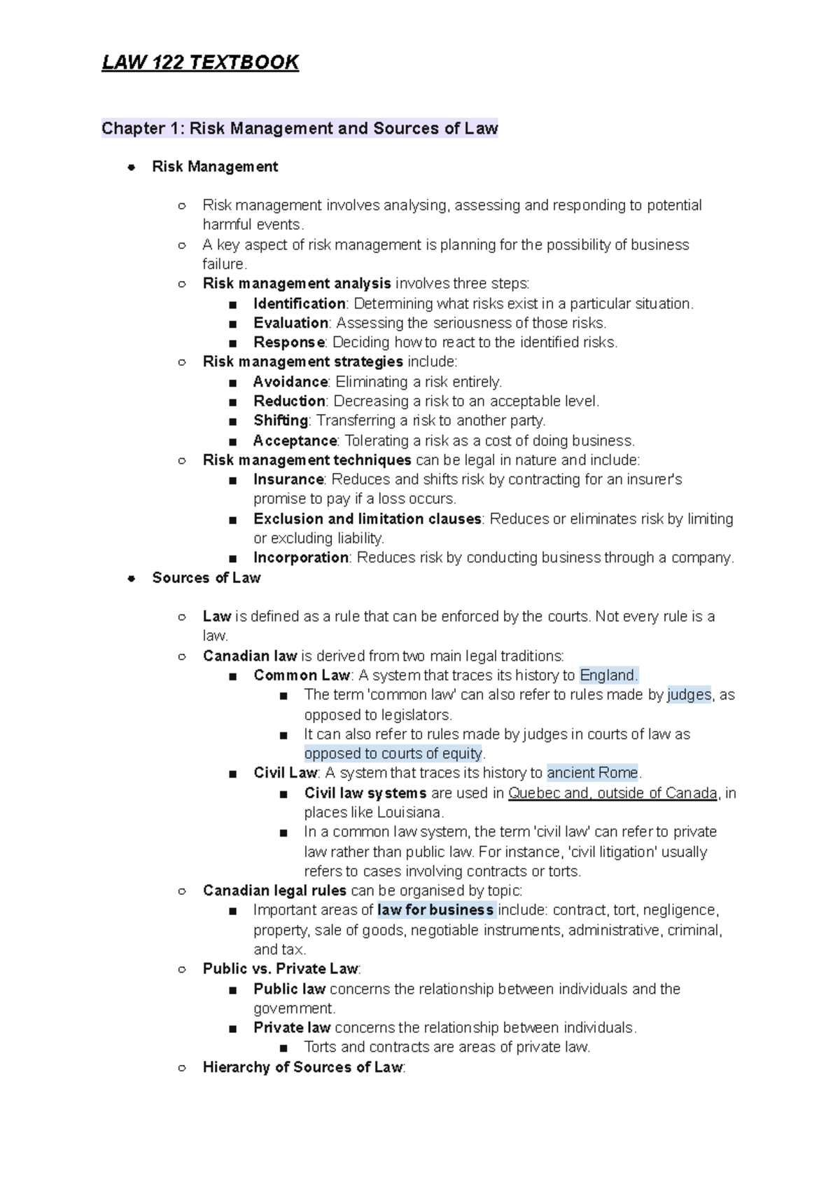 LAW 122 TEXTBOOK Chapter 1: Risk Management & Sources of Law Overview ...